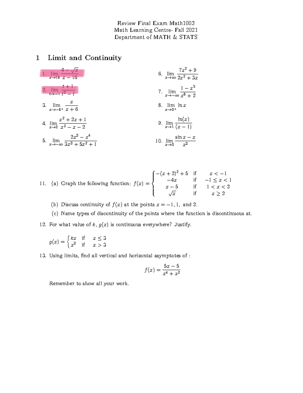 M1003 Review - Review Final Exam Math Math Learning Centre- Fall 2021 ...