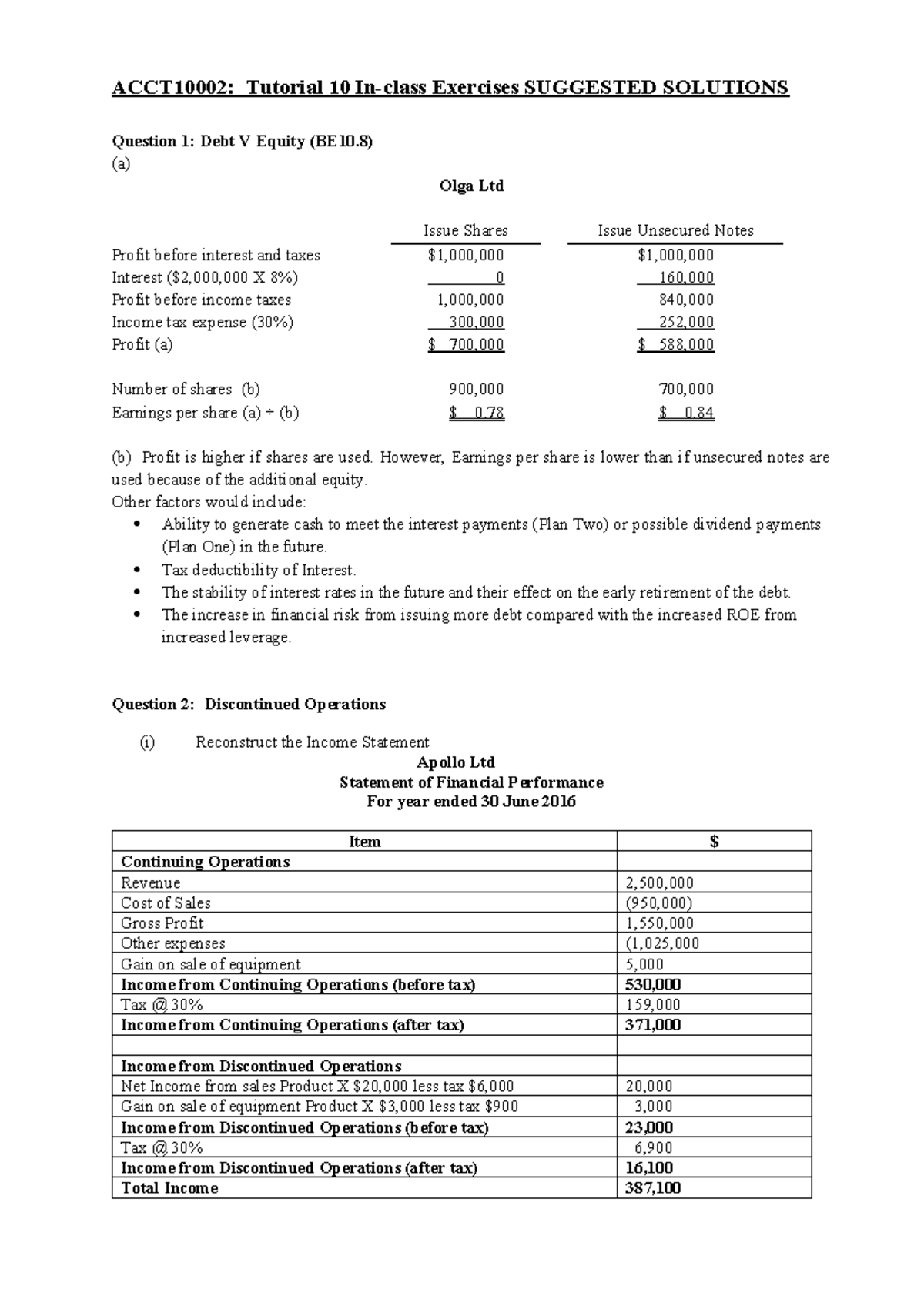 Acct10002 Tutorial 11 In Class Exercises Solutions Acct10002 Tutorial 10 In Class Exercises 