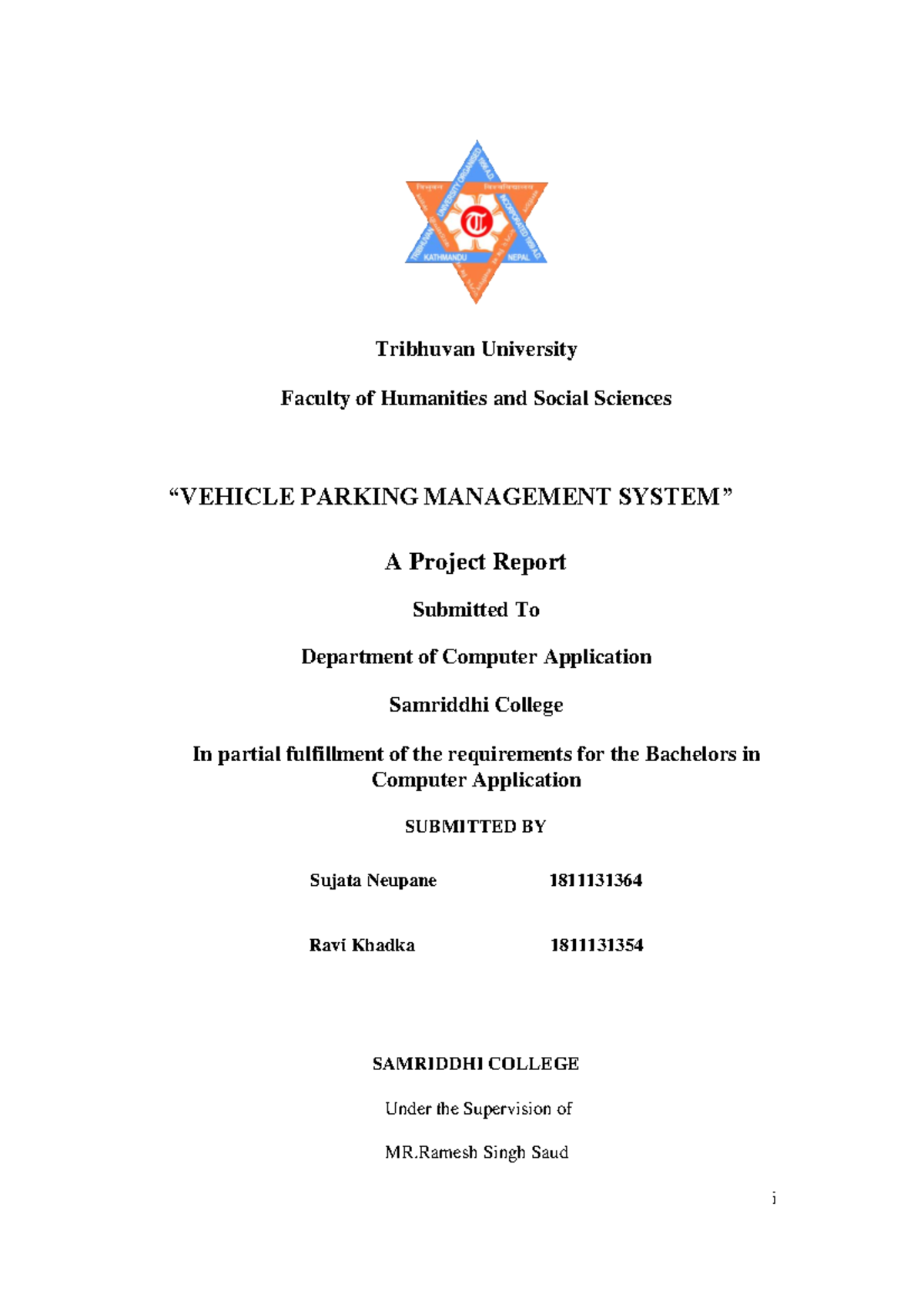 “VEHICLE PARKING MANAGEMENT SYSTEM” - i Tribhuvan University Faculty of ...