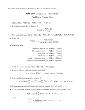 Biostats Formula Sheet - MAT2379 - Studocu