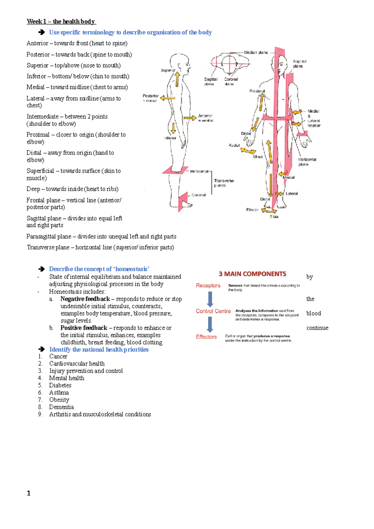 Bioscience - Study Notes - Week 1 – the health body Use specific ...