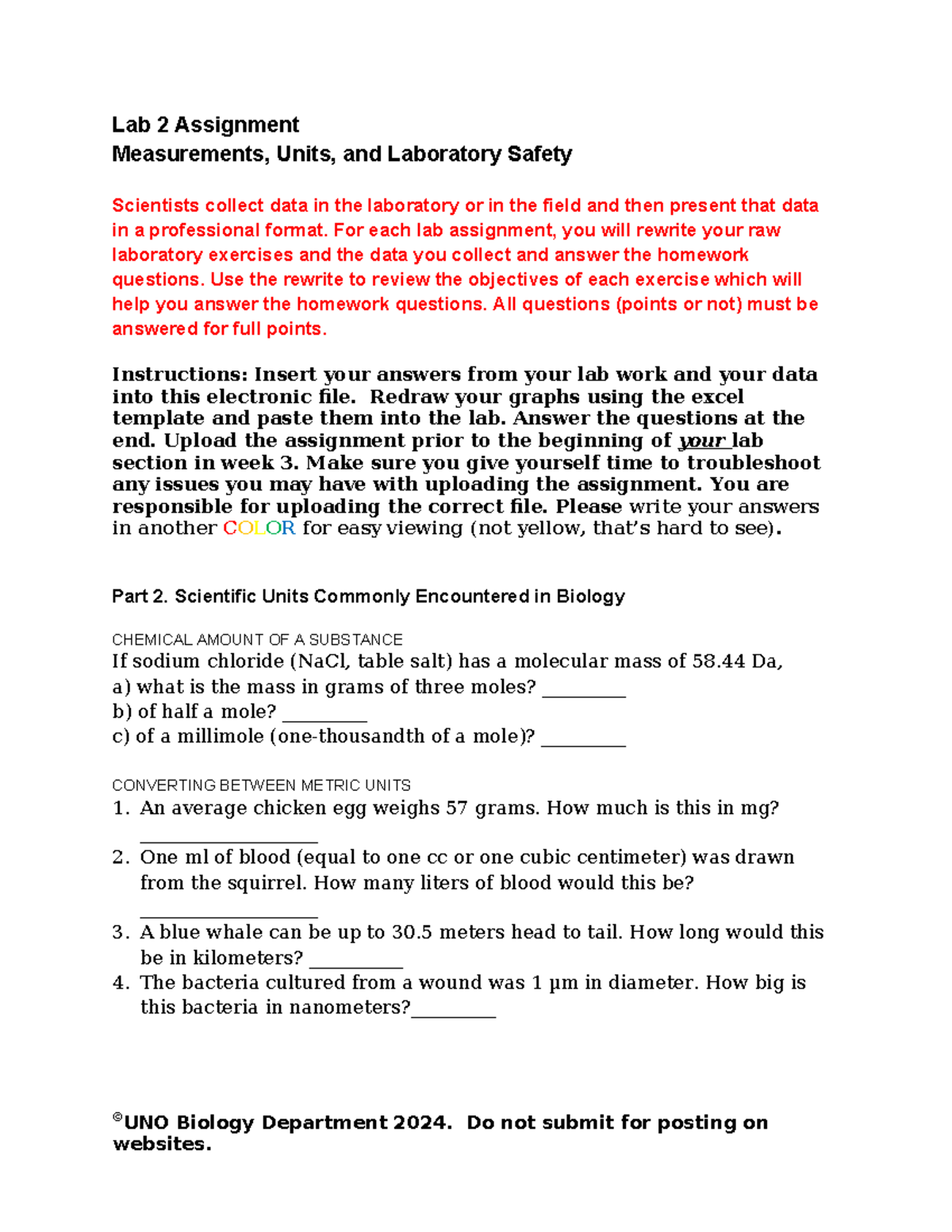 Lab 2 Assignment Spring 24 - Lab 2 Assignment Measurements, Units, and Laboratory Safety ...