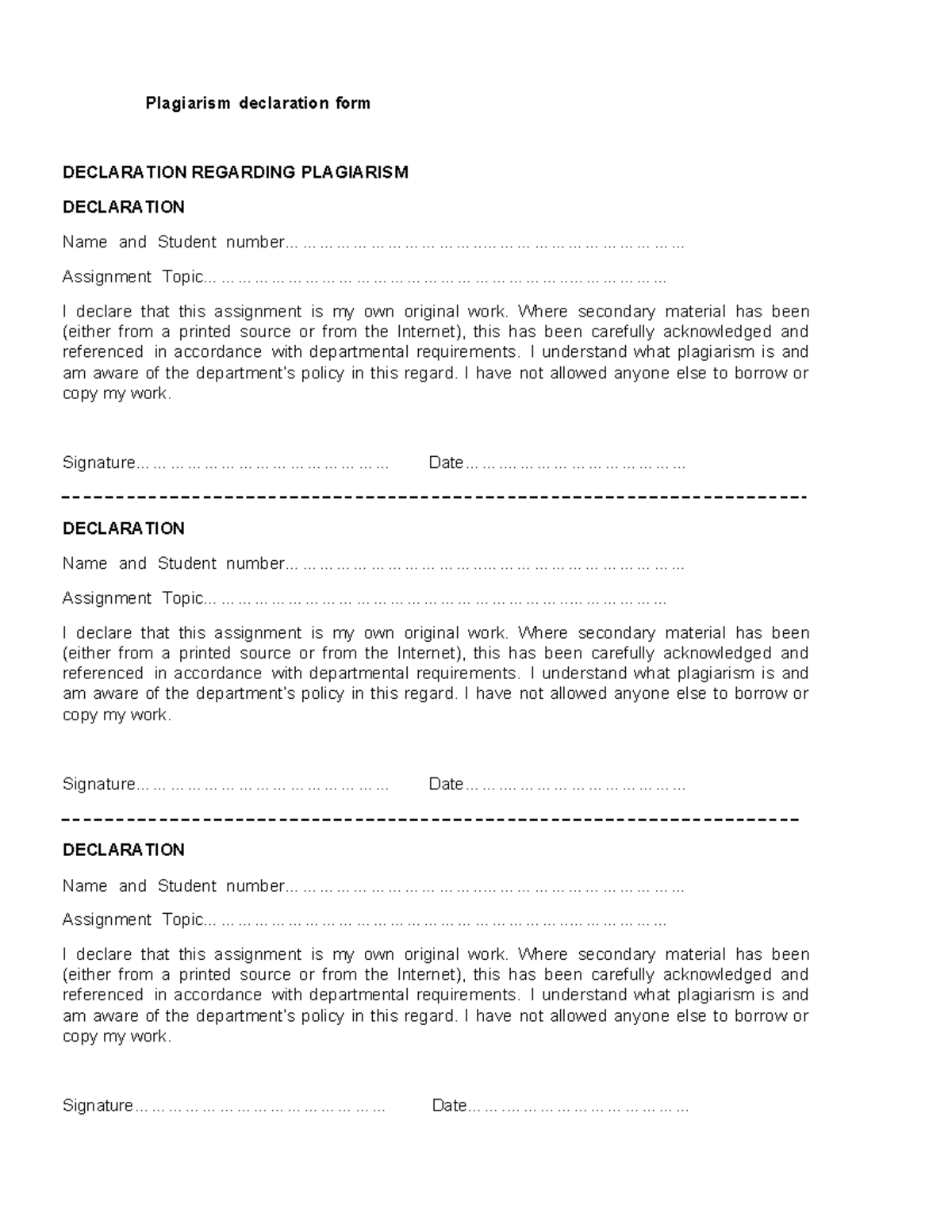 English declaration - Plagiarism declaration form DECLARATION REGARDING ...