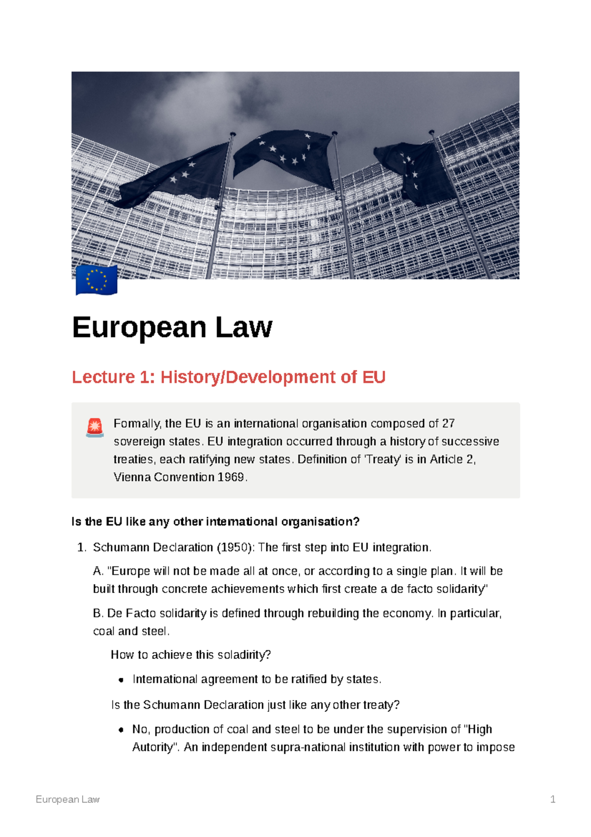 EU Law - Complete lecture notes - European Law Lecture 1: History ...