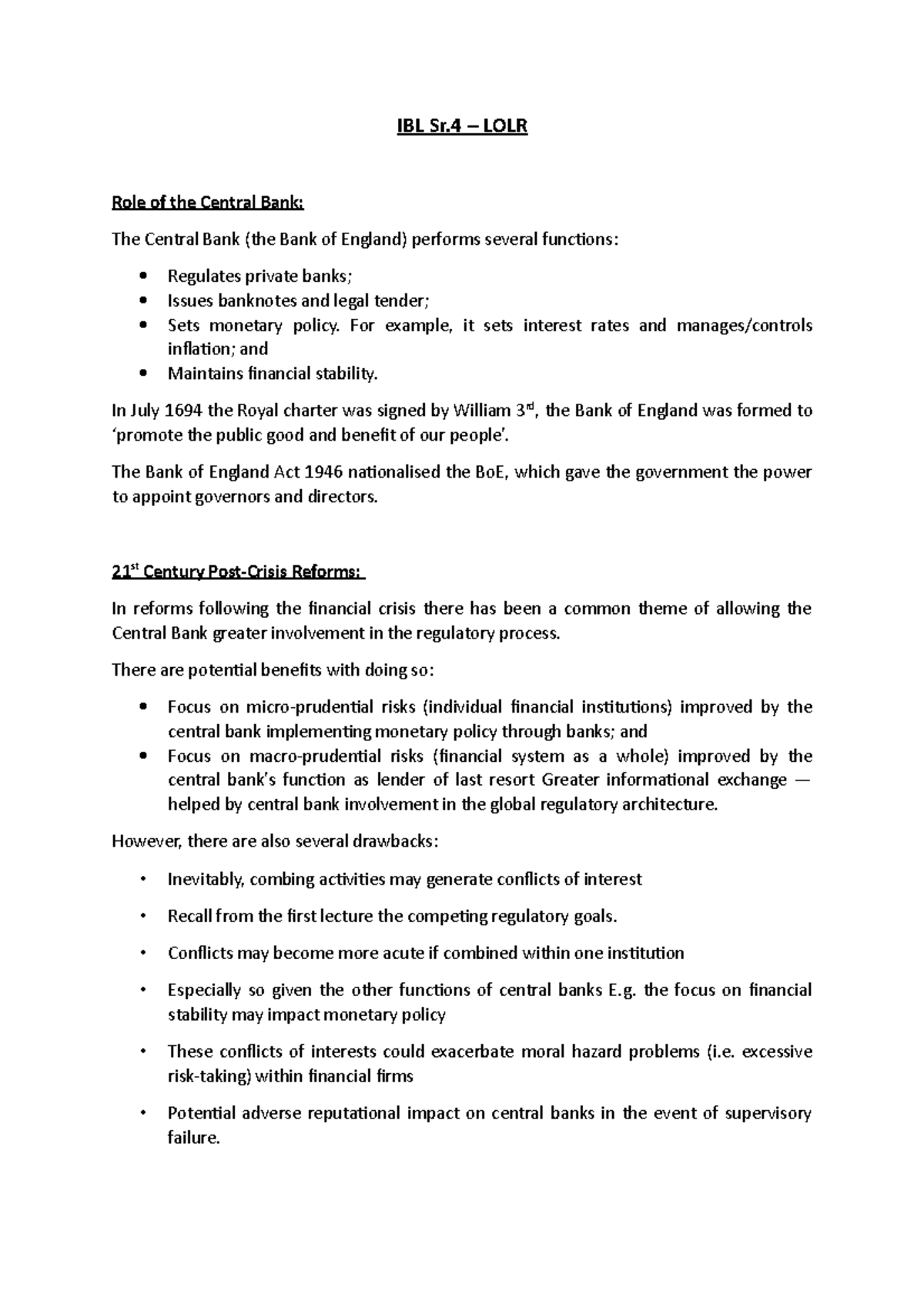 IBL Seminar 4 class work - IBL Sr – LOLR Role of the Central Bank: The ...