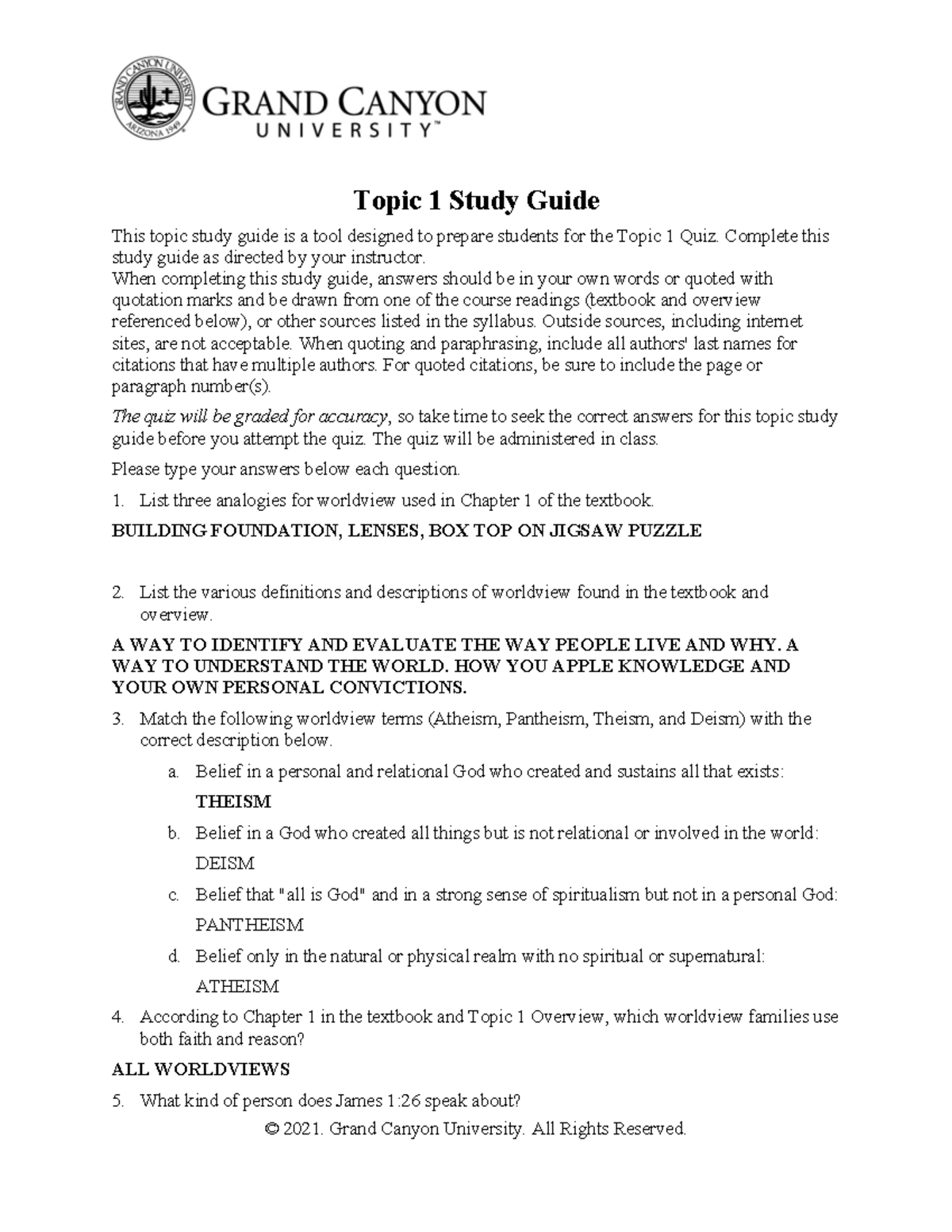 CWV Topic 1 Study Guide - © 2021. Grand Canyon University. All Rights ...