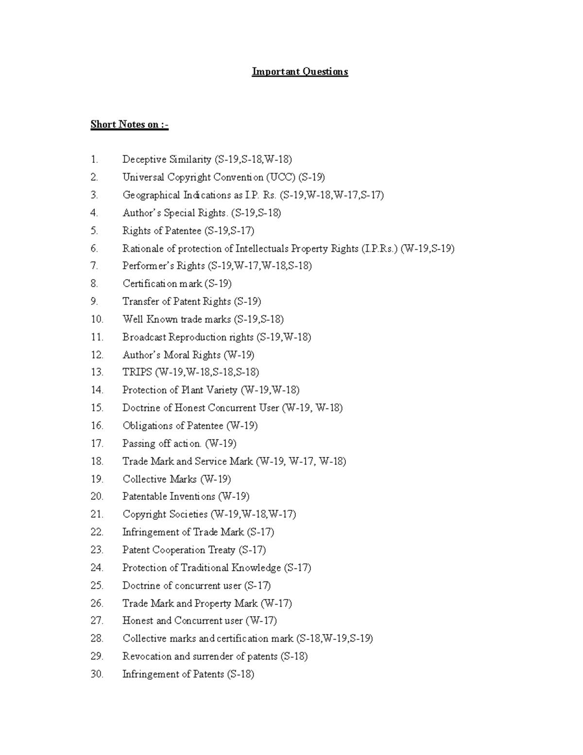 IMP Que on IPL - Important Questions and short notes On Intellectual ...