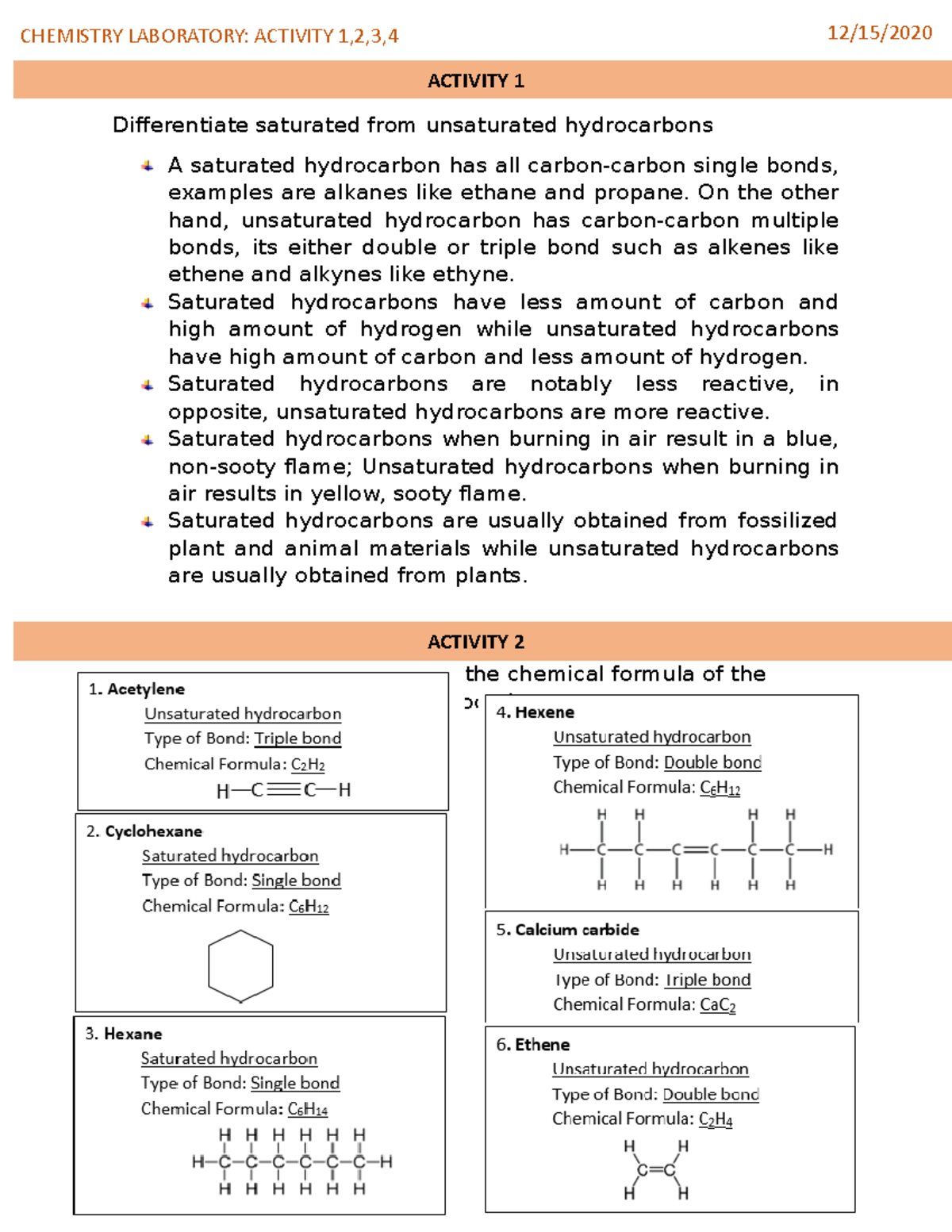 Chemistry Laboratory- ACTIVITY 1,2,3,4 - Diferentiate saturated from ...