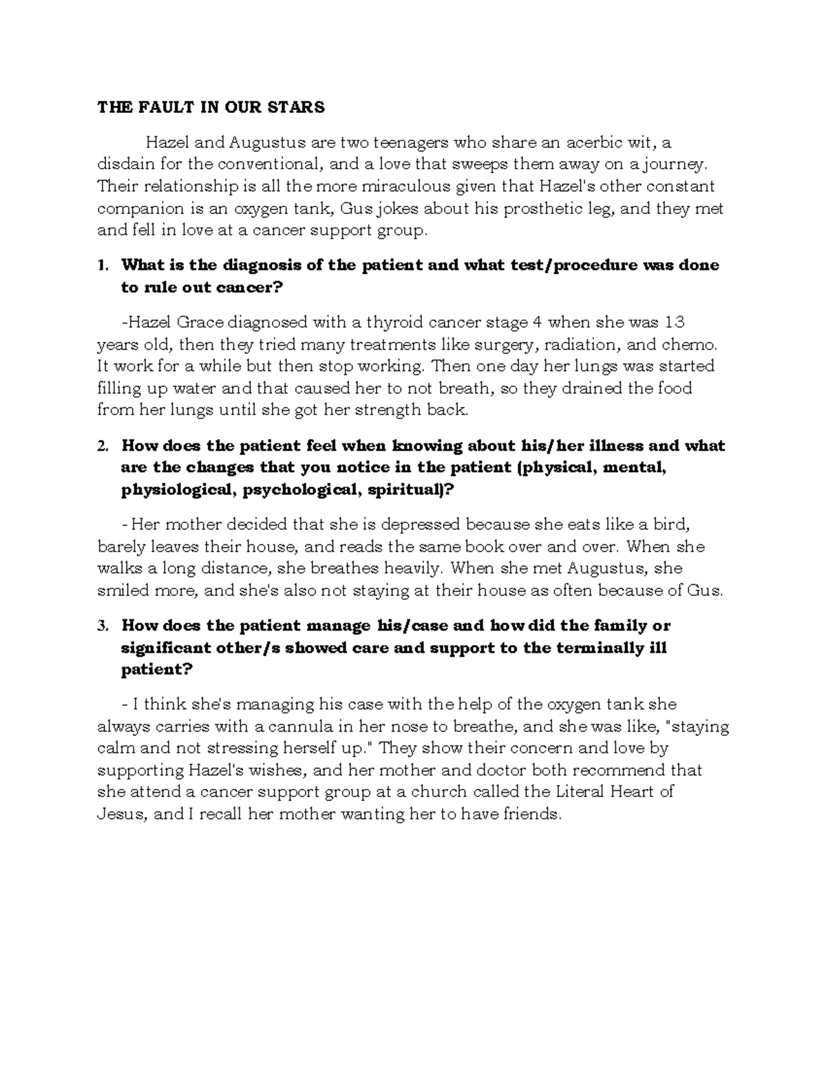 THE Fault IN OUR Stars - Summary - THE FAULT IN OUR STARS Hazel and ...