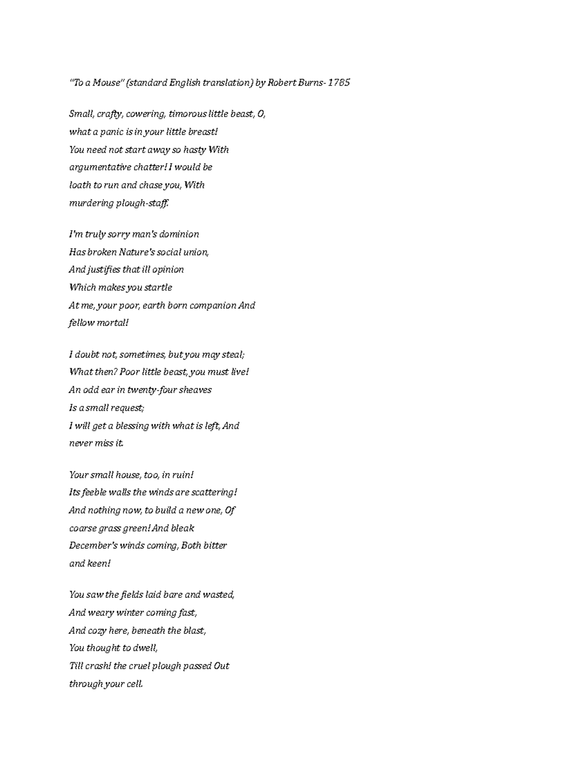 To a Mouse annotations - “To a Mouse” (standard English translation) by ...