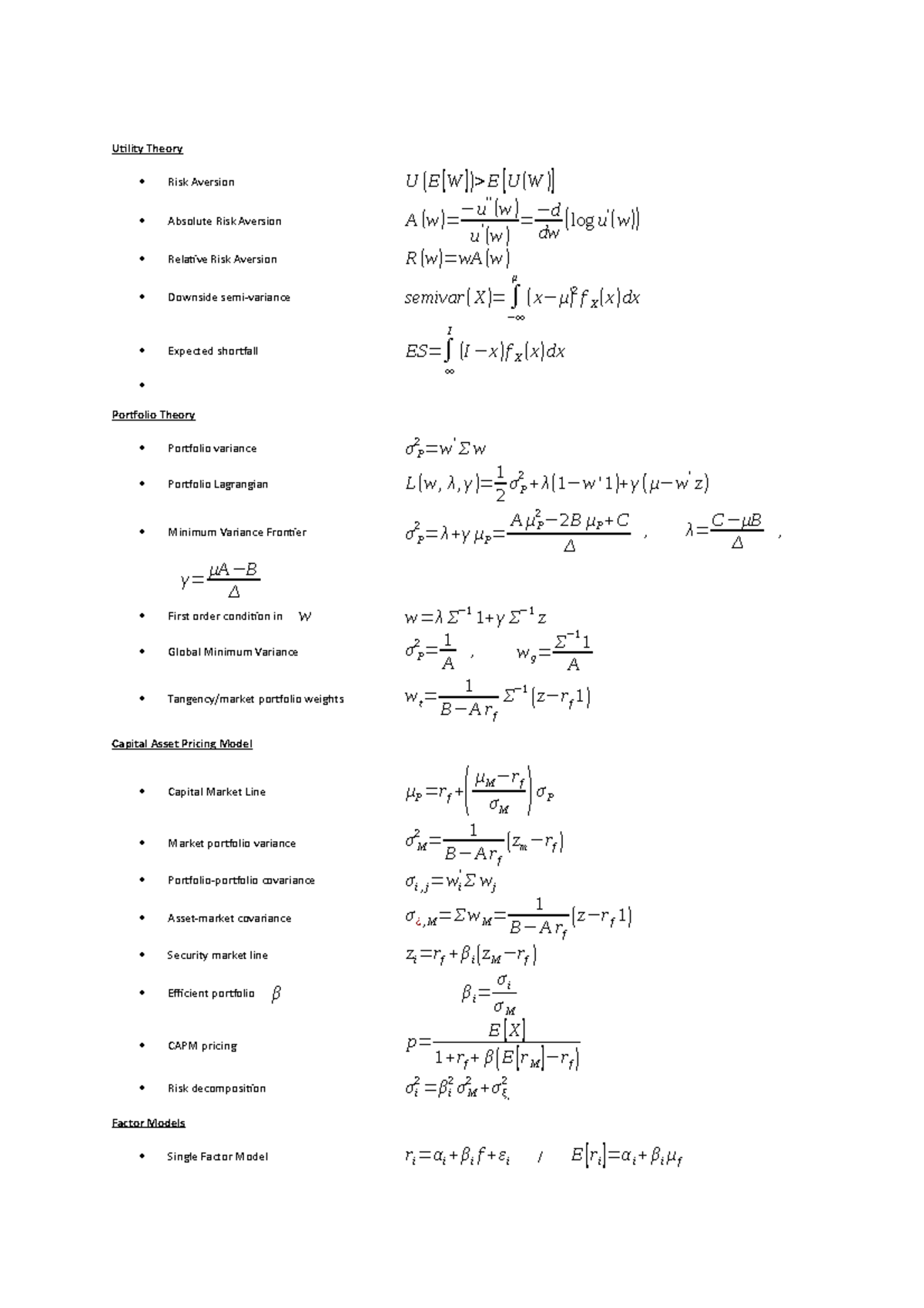 ACTL3182-Formula-Sheet - Utility Theory Risk Aversion U(E[W])>E[U(W ...