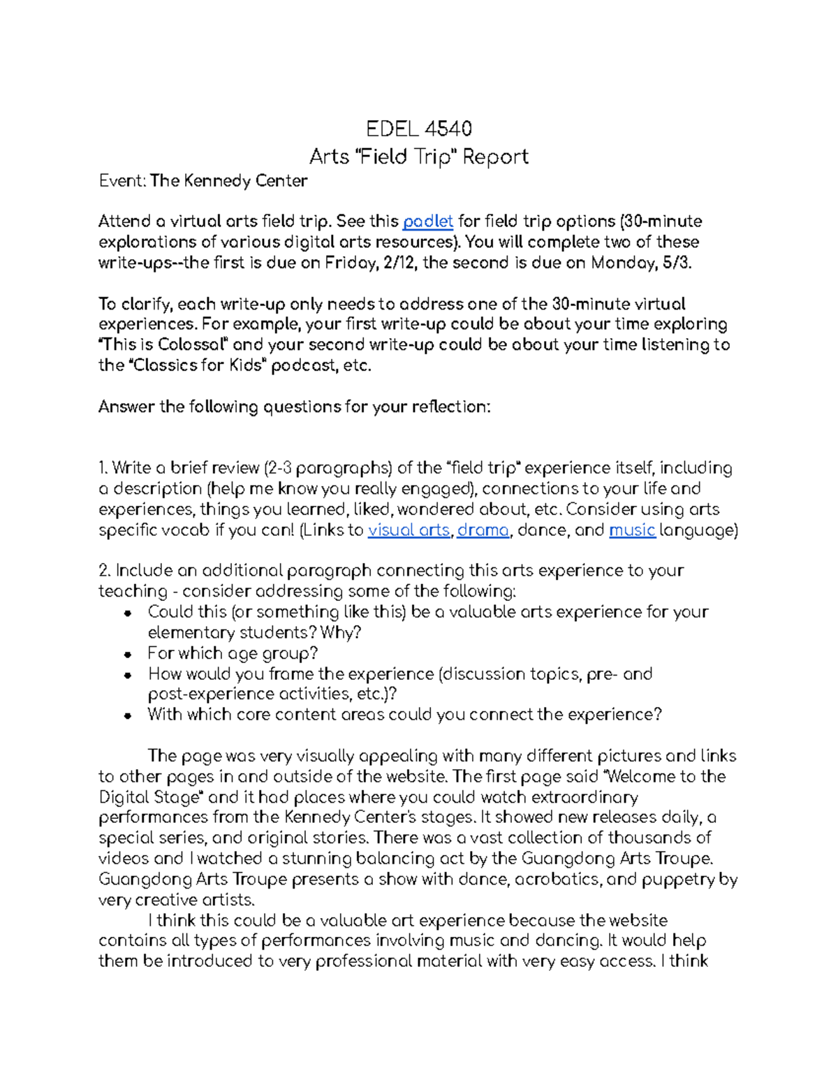 Arts Field Trip Report 2 - EDEL 4540 Arts “Field Trip” Report Event ...