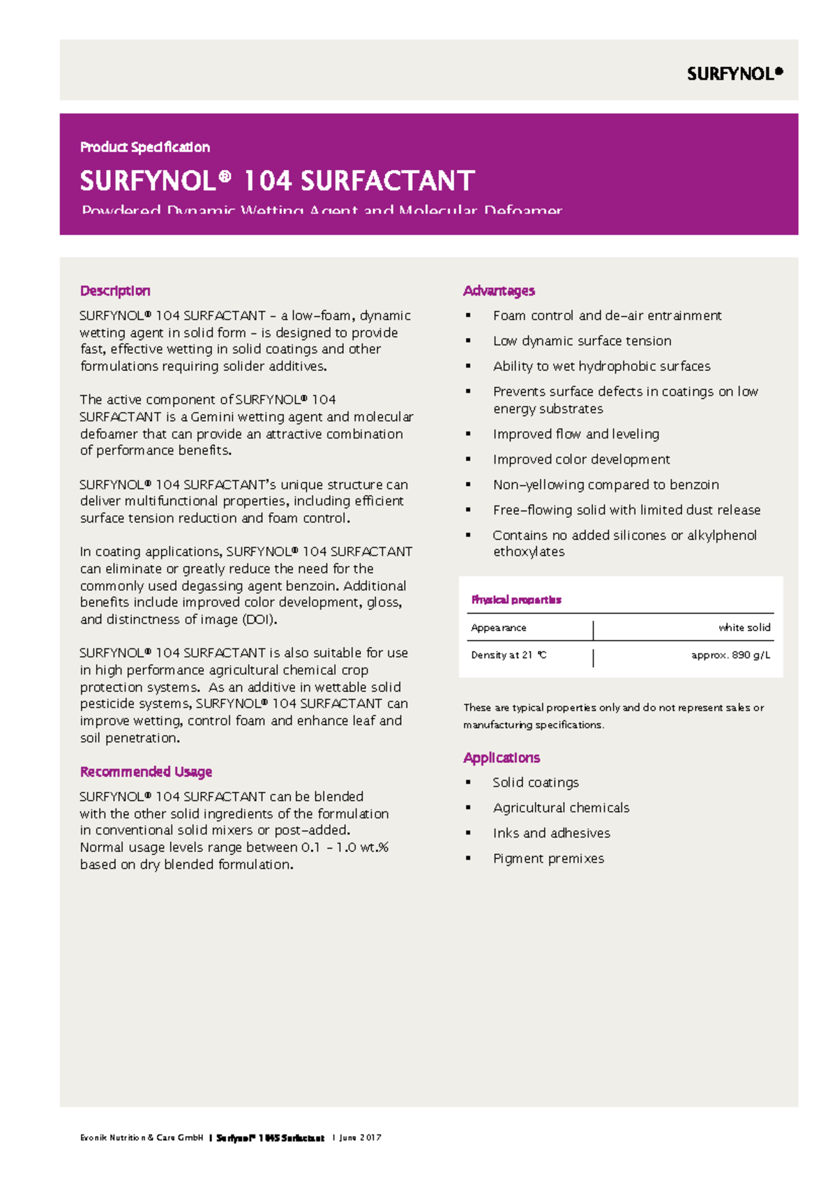 Surfynol 104 Surfactant-0618-EN-OI - Product Specification 104 ...