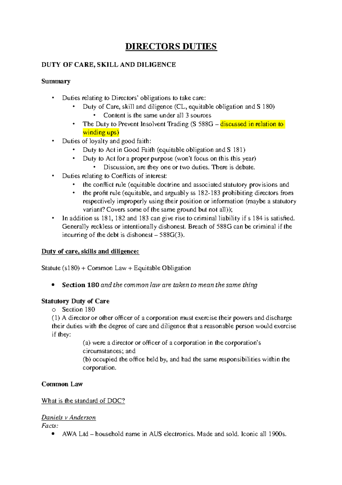 Directors Duties Cheat Sheet - DIRECTORS DUTIES DUTY OF CARE, SKILL AND ...