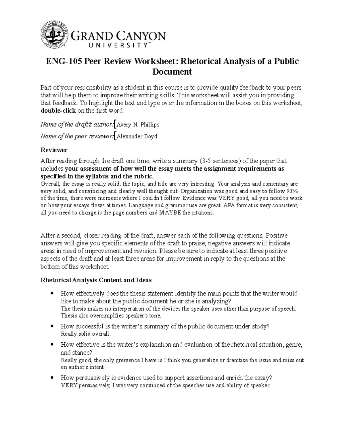 Boyd Alex ENG105 Rhetorical Analysis Peer Review Worksheet - ENG-105 ...