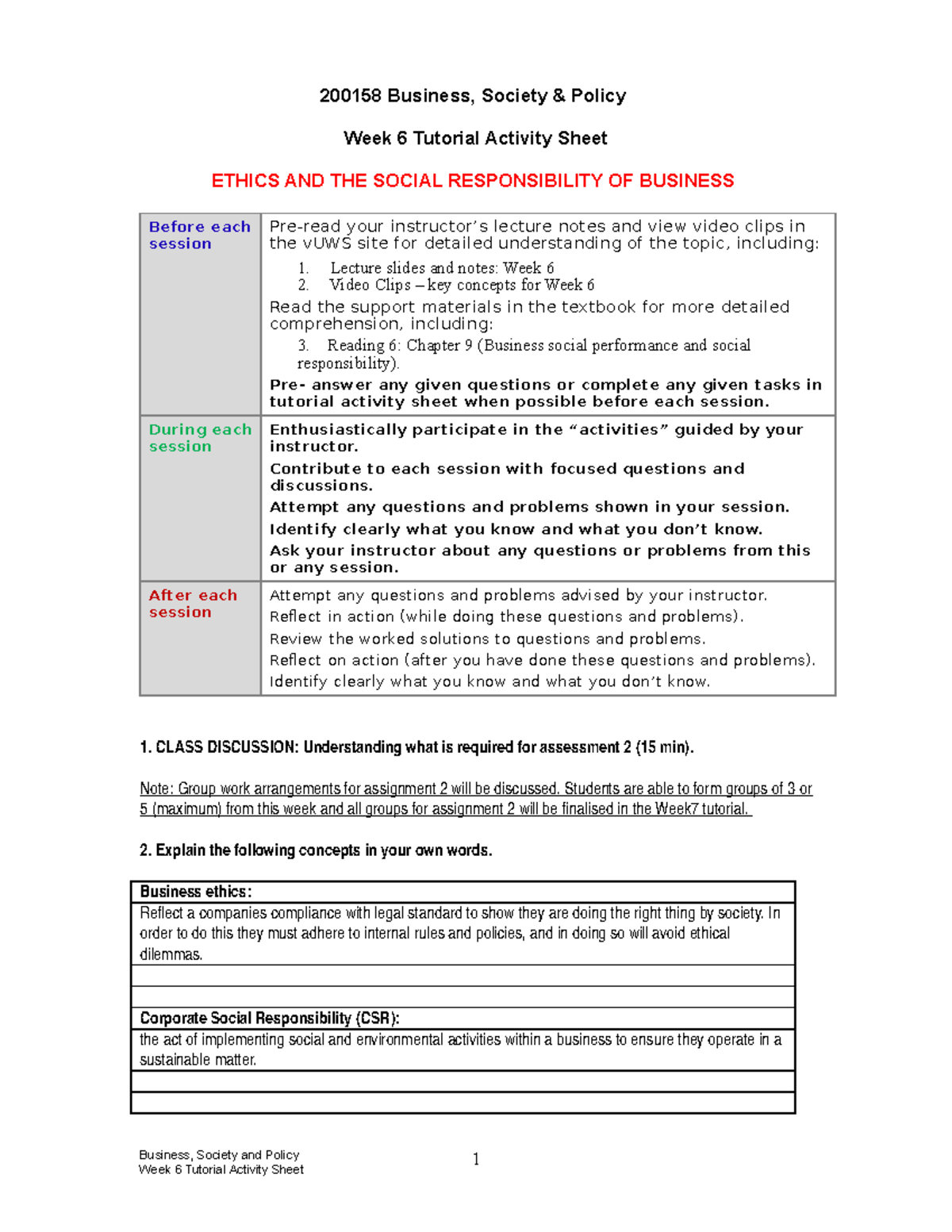 Wk6 tut sheet - tut work - 200158 Business, Society & Policy Week 6 ...