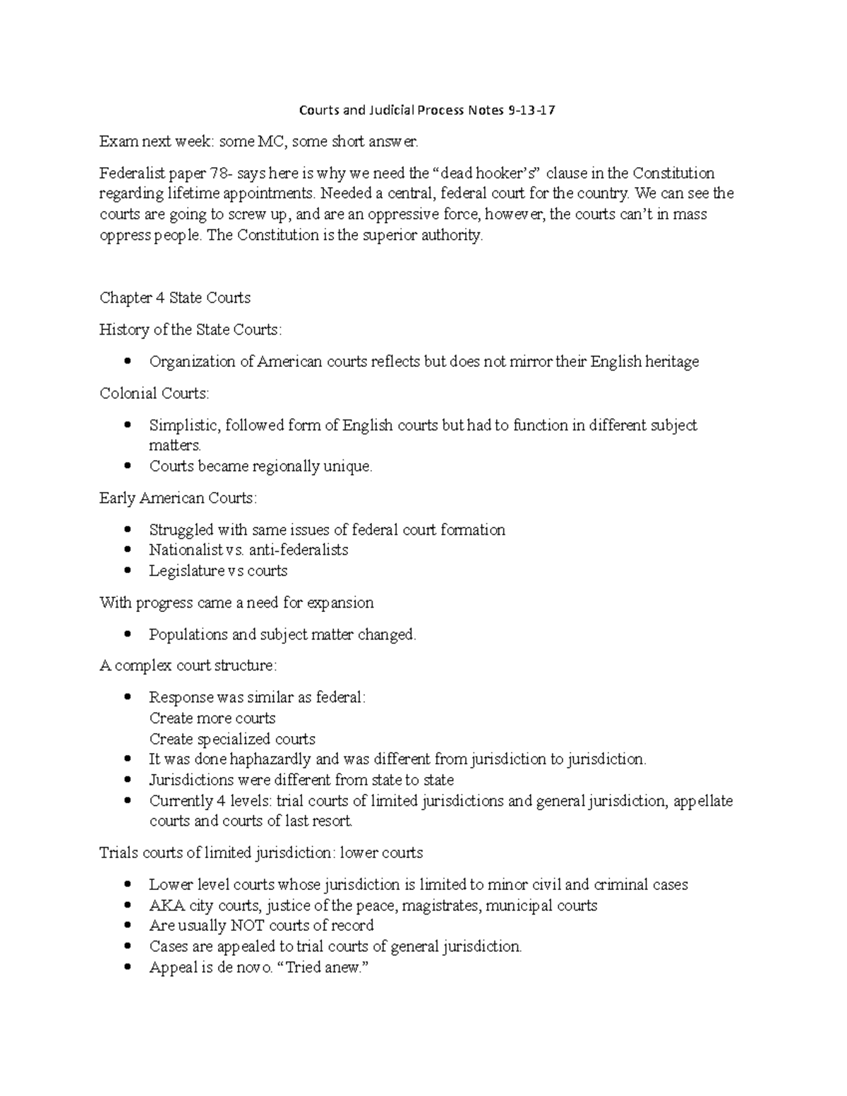 Courts and Judicial Process Notes 9-13 - Federalist paper 78- says here ...