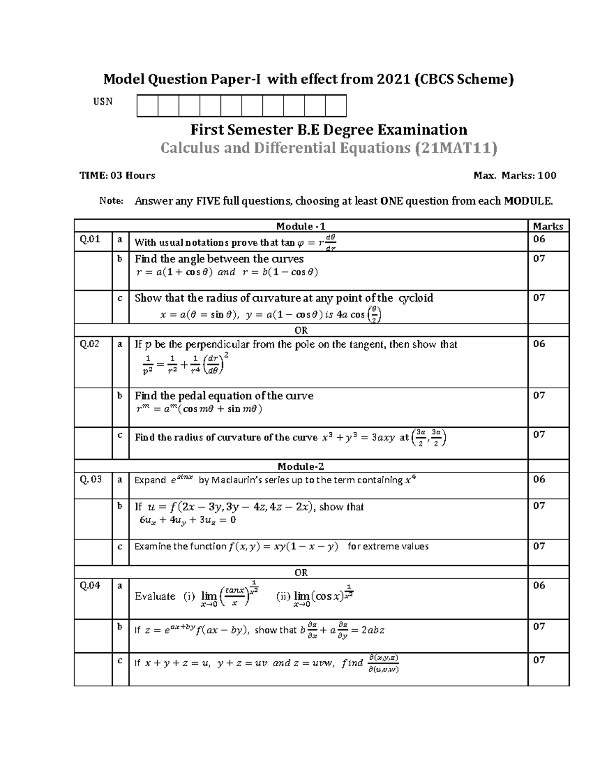 Model Qp01 21mat11 Converted Model Question Paper I With Effect From 2021 Cbcs Scheme Usn