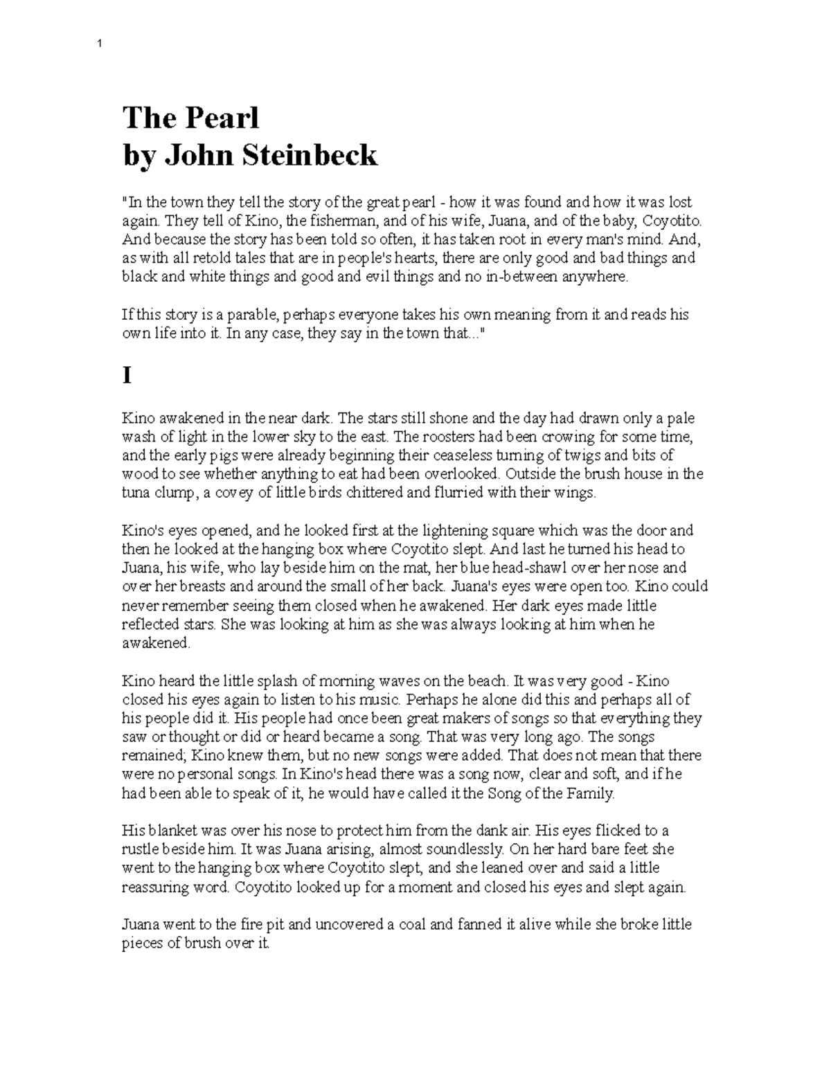 The Pearl John Steinbeck - The Pearl by John Steinbeck "In the town ...