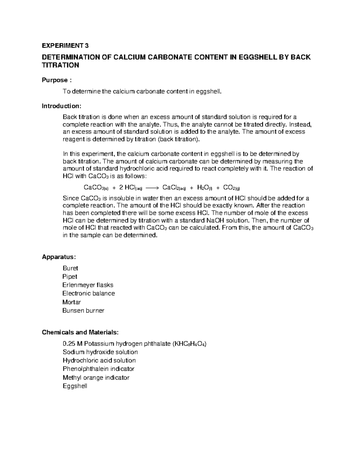 CHM256 - Experiment 3 - EXPERIMENT 3 DETERMINATION OF CALCIUM CARBONATE ...