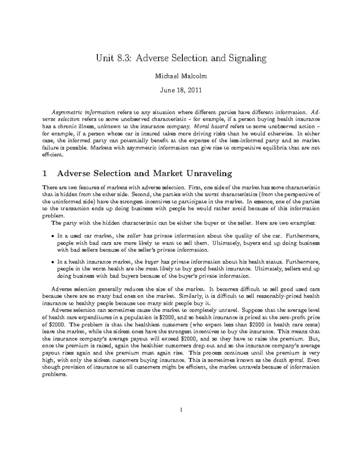 Assig - Lecture 9: Sequential Games with Imperfect Information - Unit 8: Adverse Selection and ...