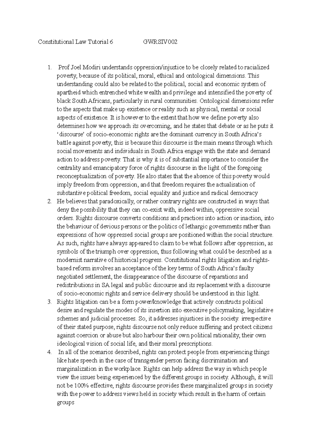 Con Law Tutorial 6 - Constitutional Law Tutorial 6 GWRSIV 1. Prof Joel ...