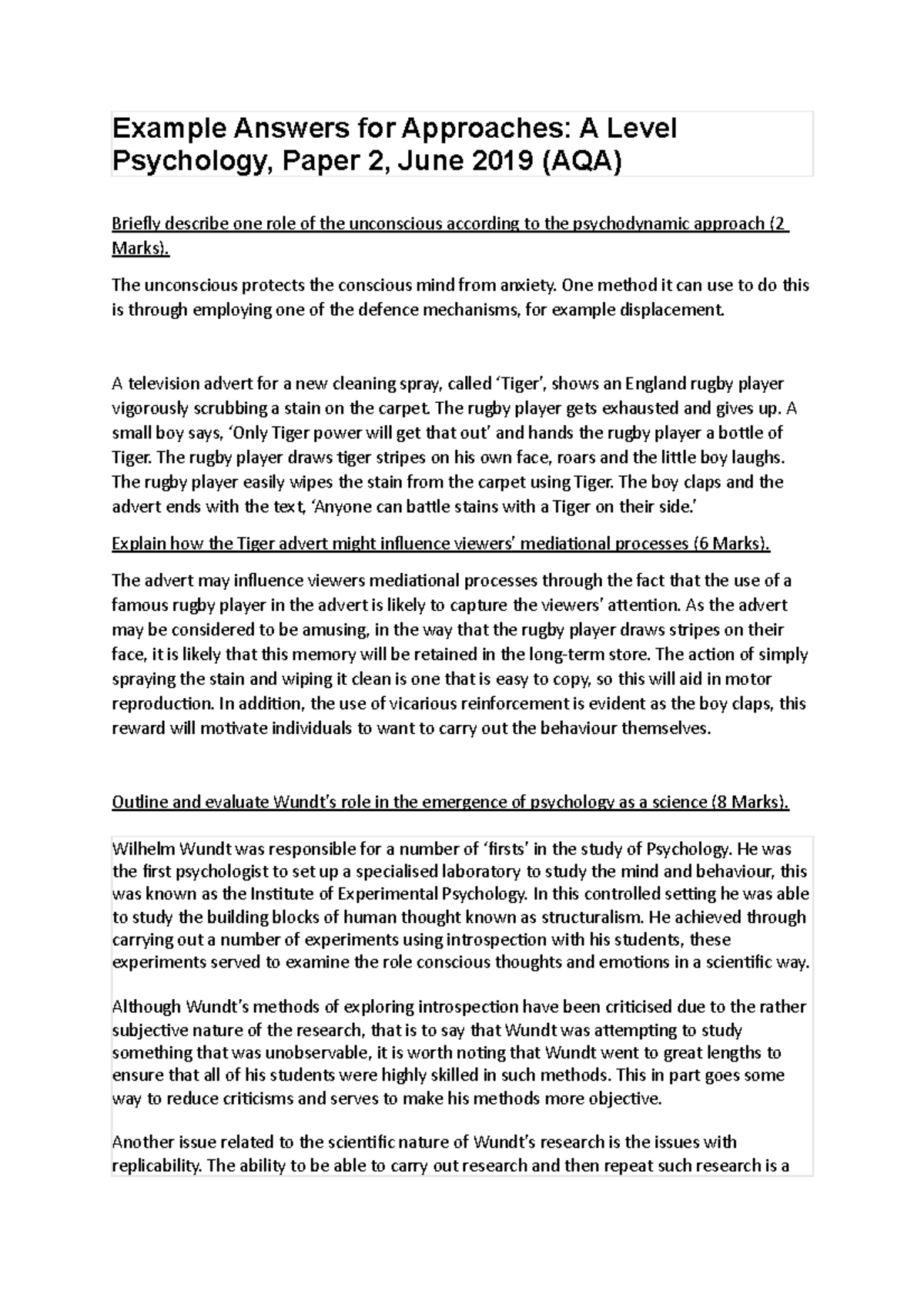 Example Answers for Approaches- A Level Psychology, Paper 2, June 2019 ...