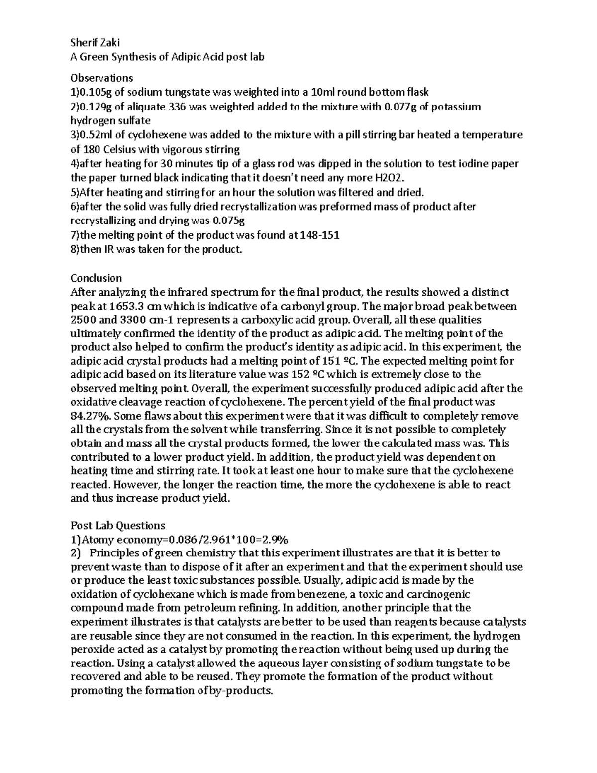 Lab 12 post lab - lab - A Green Synthesis of Adipic Acid post lab ...