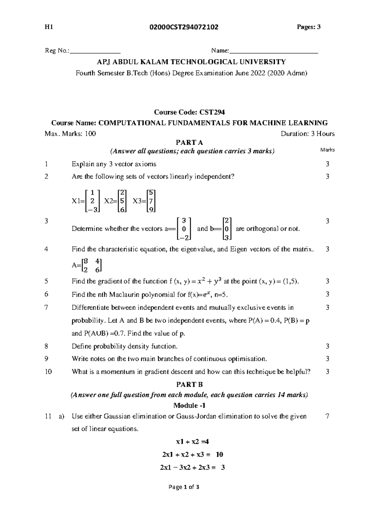 Cst294 Qp New Question Paper 02000cst Page 1 Of 3 Course Code Cst Course Name 5109