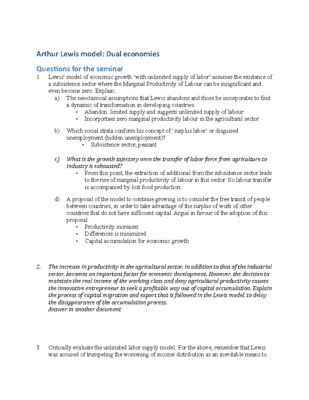Seminar-Week6 - Arthur Lewis model: Dual economies Questions for the ...
