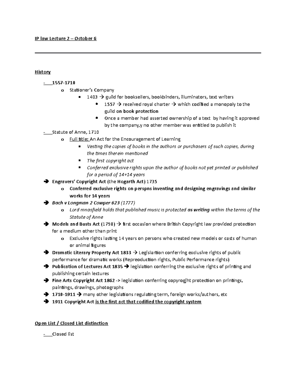 IP Law Lecture 2 - IP law Lecture 2 – October 6 History 1557- o ...