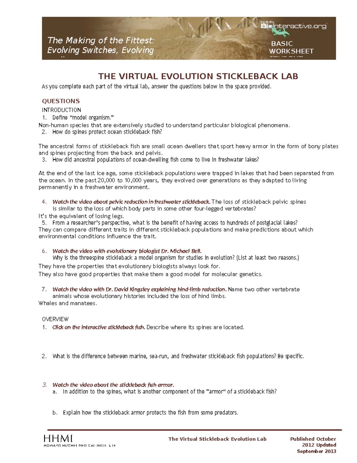 Make up lab - ................... - Evolving Switches, Evolving Bodies BASIC WORKSHEET STUDENT ...