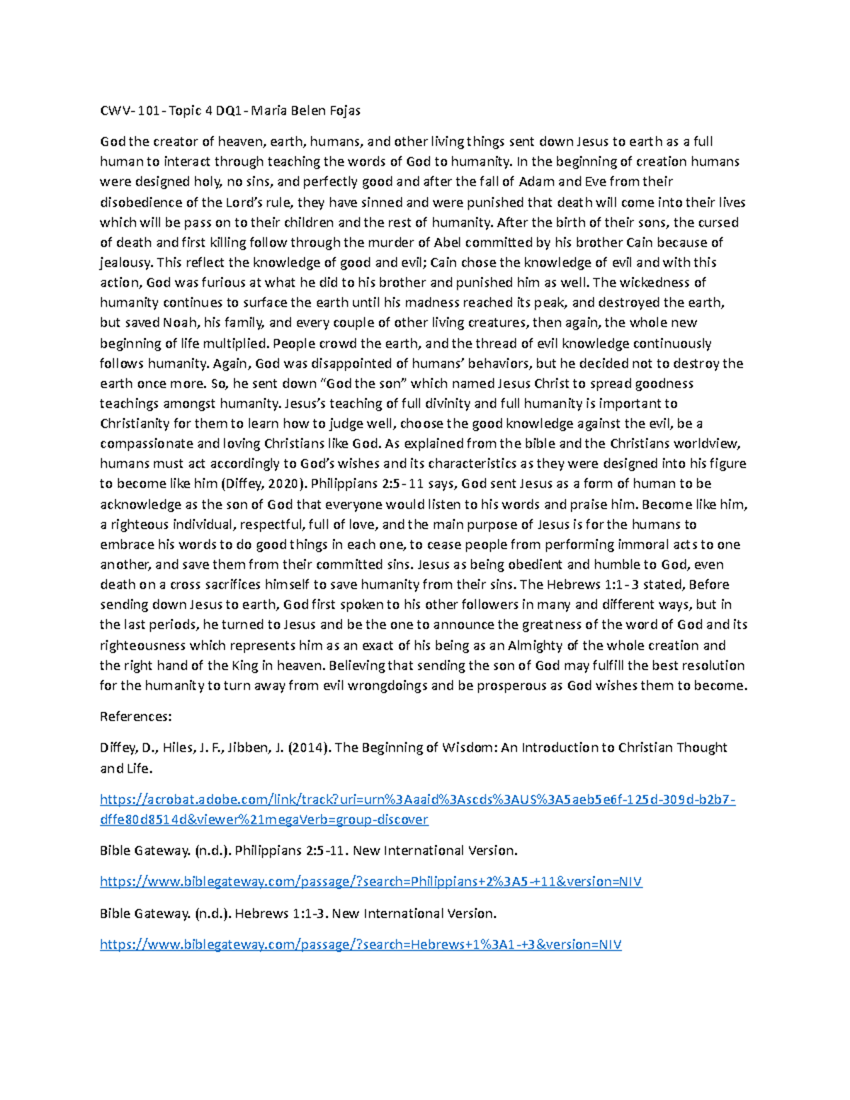 CWV- 101- Topic 4 DQ1- Maria Belen Fojas - In the beginning of creation ...