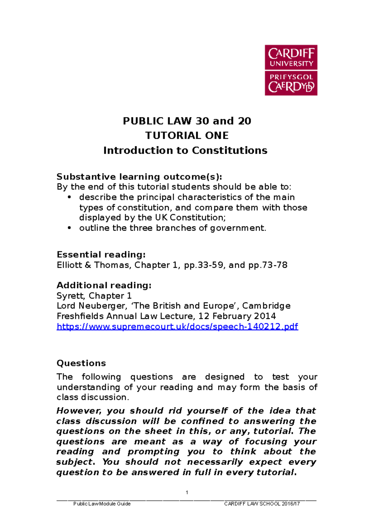 Tutorial 1 - PUBLIC LAW 30 and 20 TUTORIAL ONE Introduction to Constitutions Substantive ...