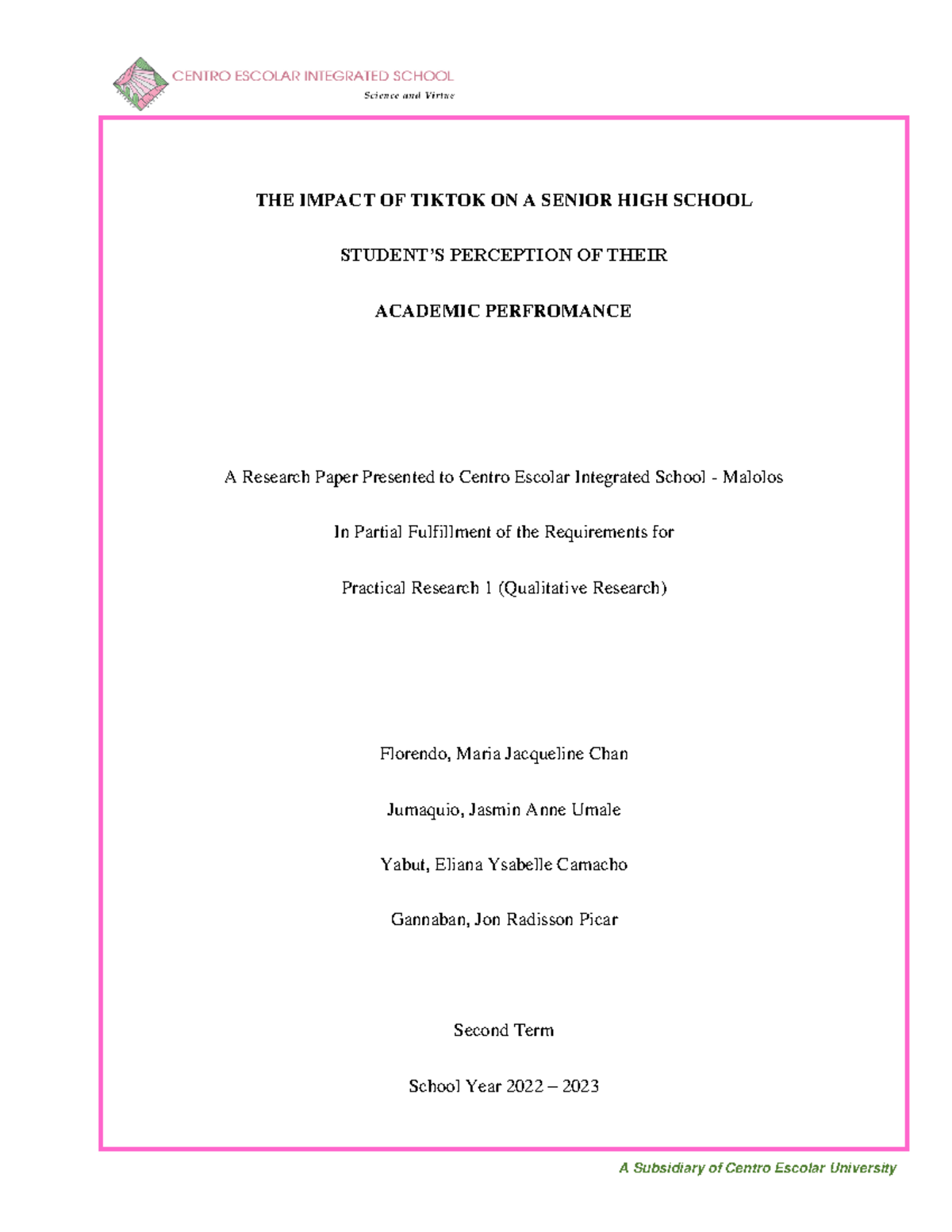 PR1 Paper Template v2023 pdf - THE IMPACT OF TIKTOK ON A SENIOR HIGH ...
