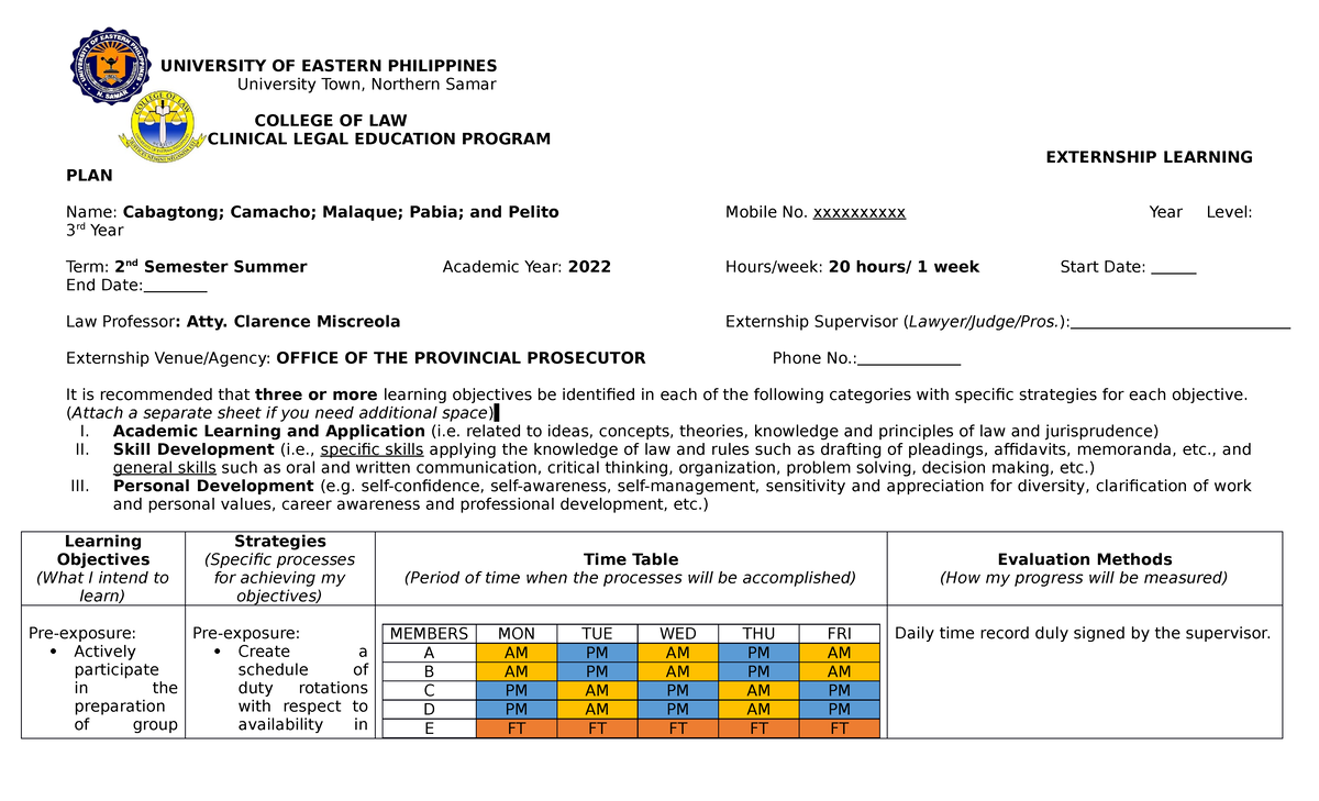 Externship-Learning-Plan - UNIVERSITY OF EASTERN PHILIPPINES University ...