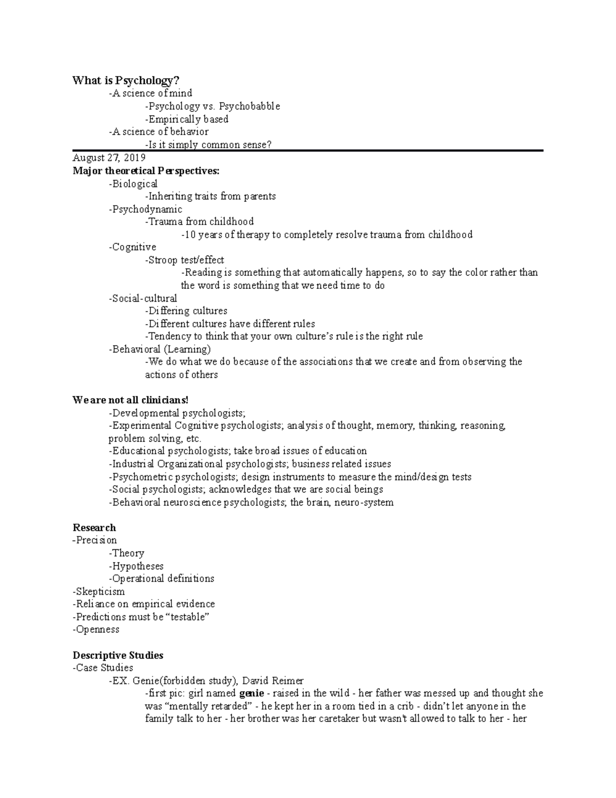 PSYC 111 R - Notes - What is Psychology? -A science of mind -Psychology ...