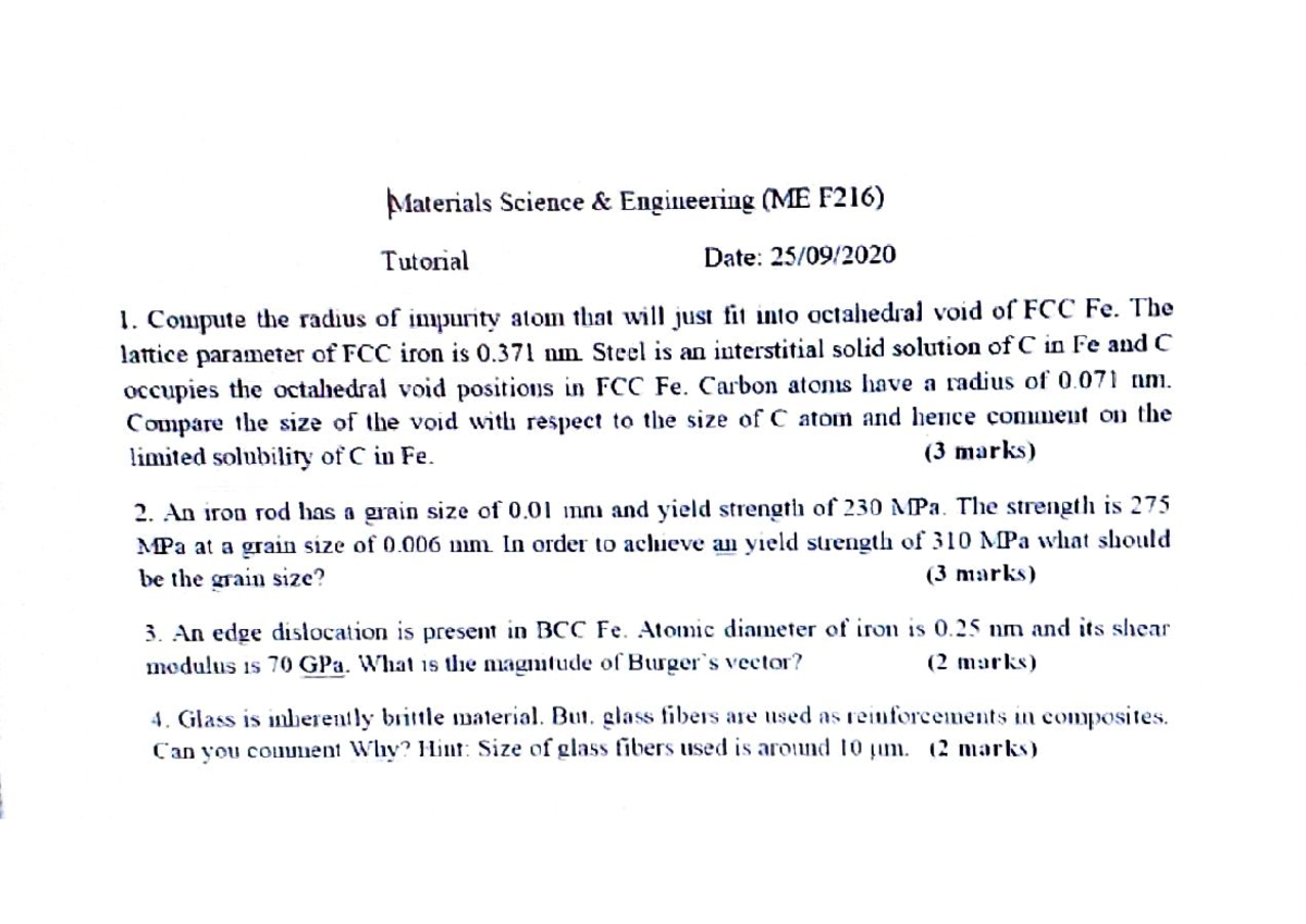 Tut4 MSE questions - Materials Science and Engineering - Studocu