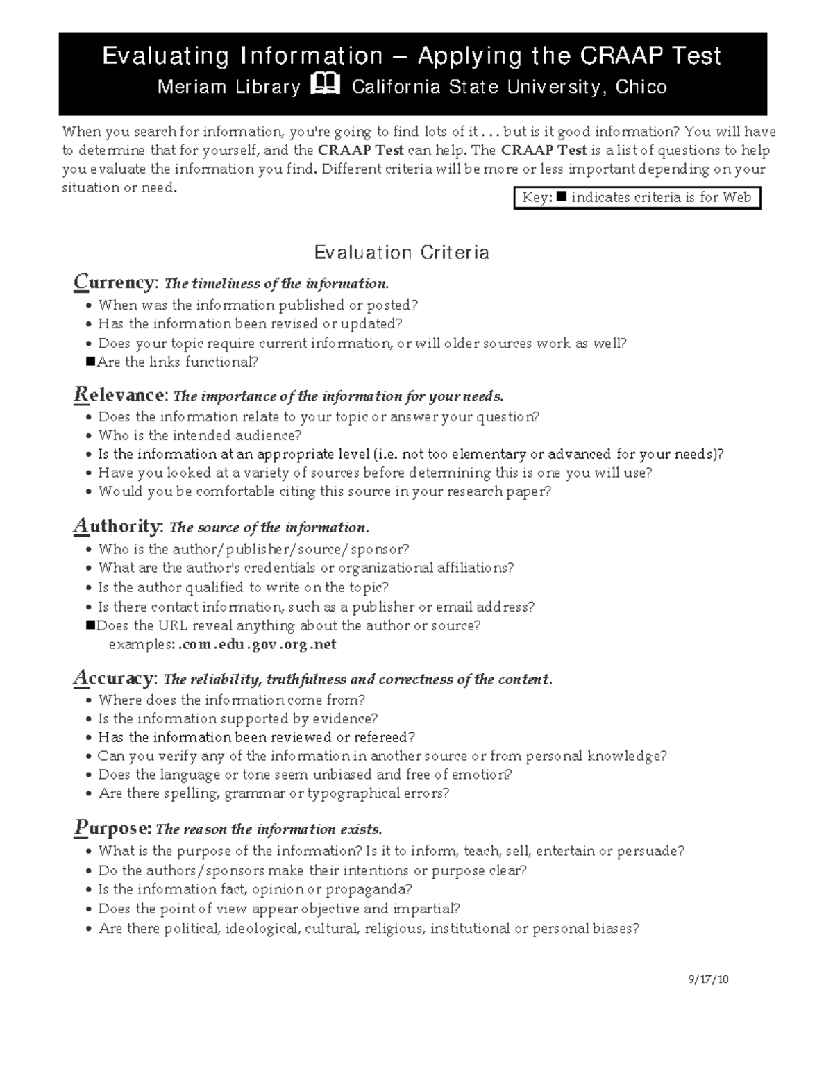 Craap Test (to evaluate the source of information) - When you search ...