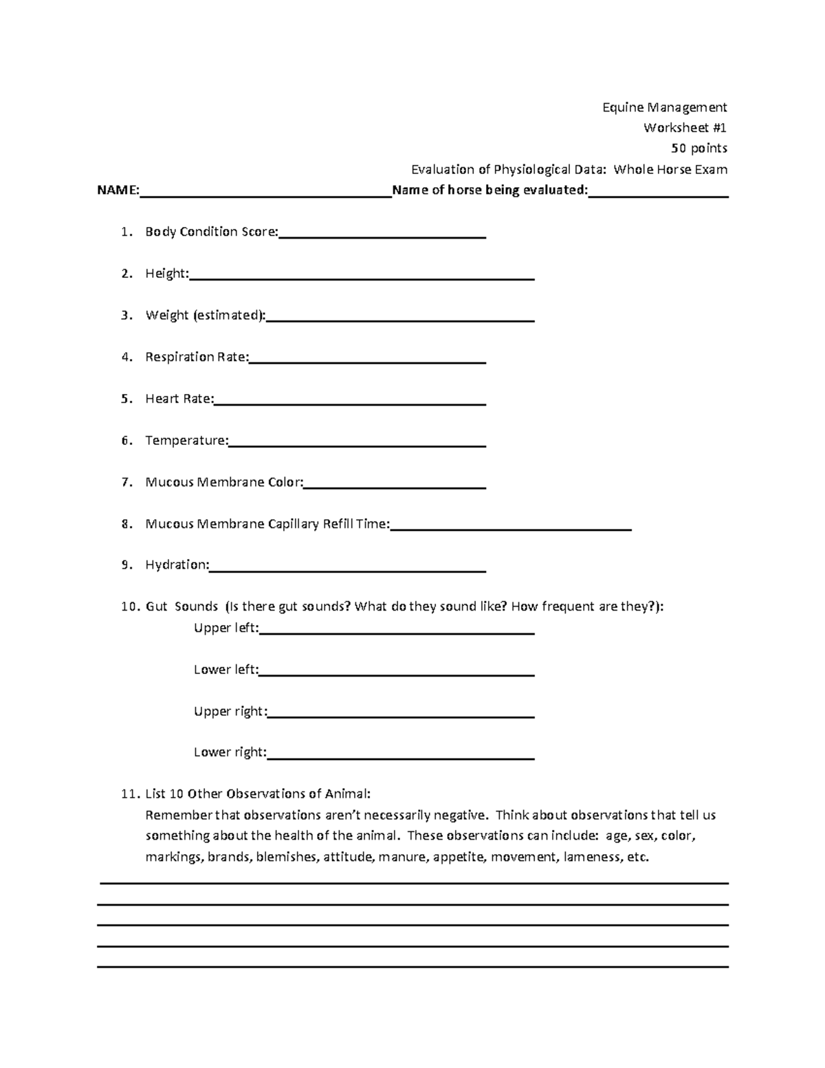 Assignment 1 Whole Horse Exam Worksheet-1 - Equine Management Worksheet ...
