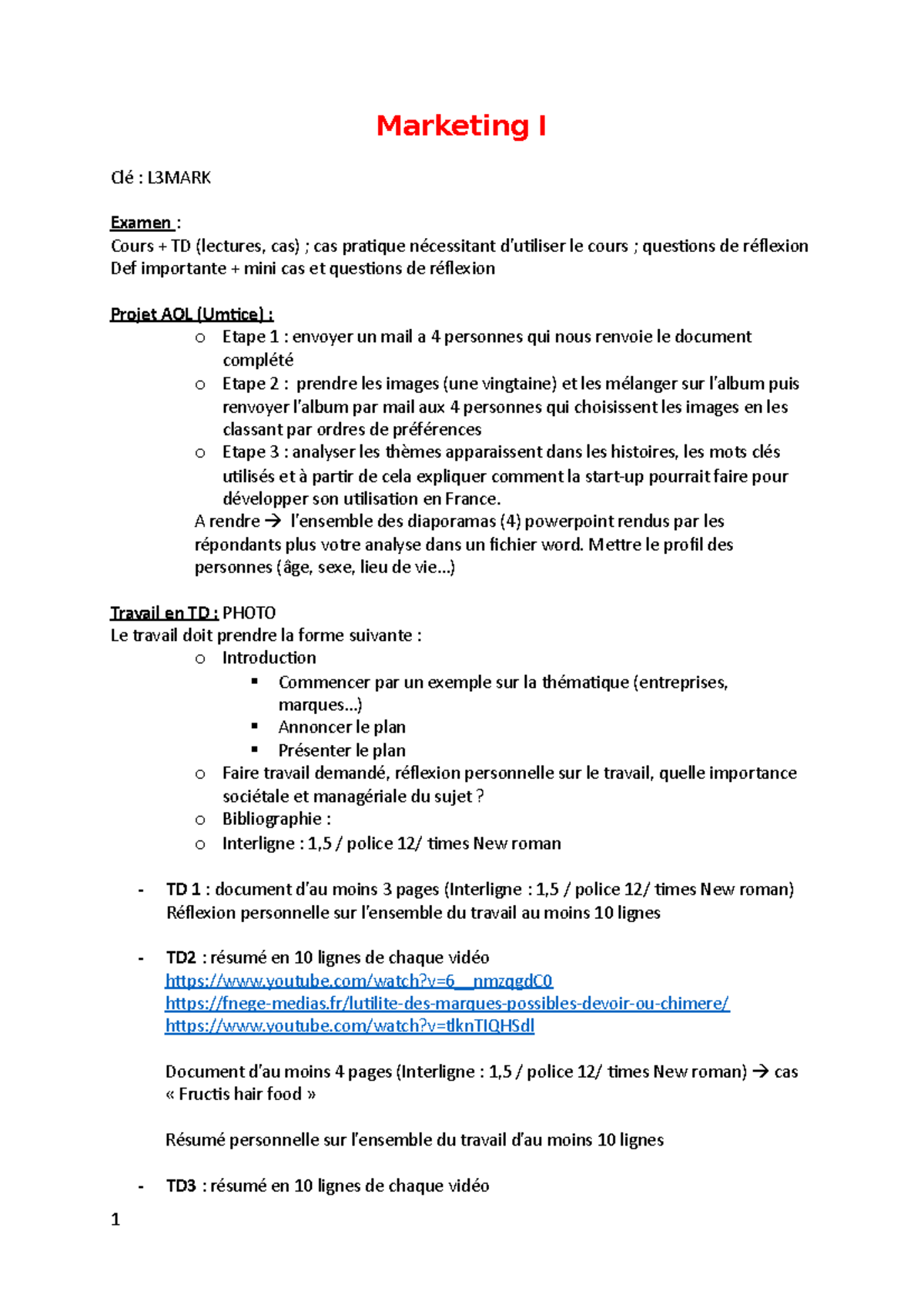 L3 E/G - Marketing - Marketing I Clé : L3MARK Examen : Cours + TD ...