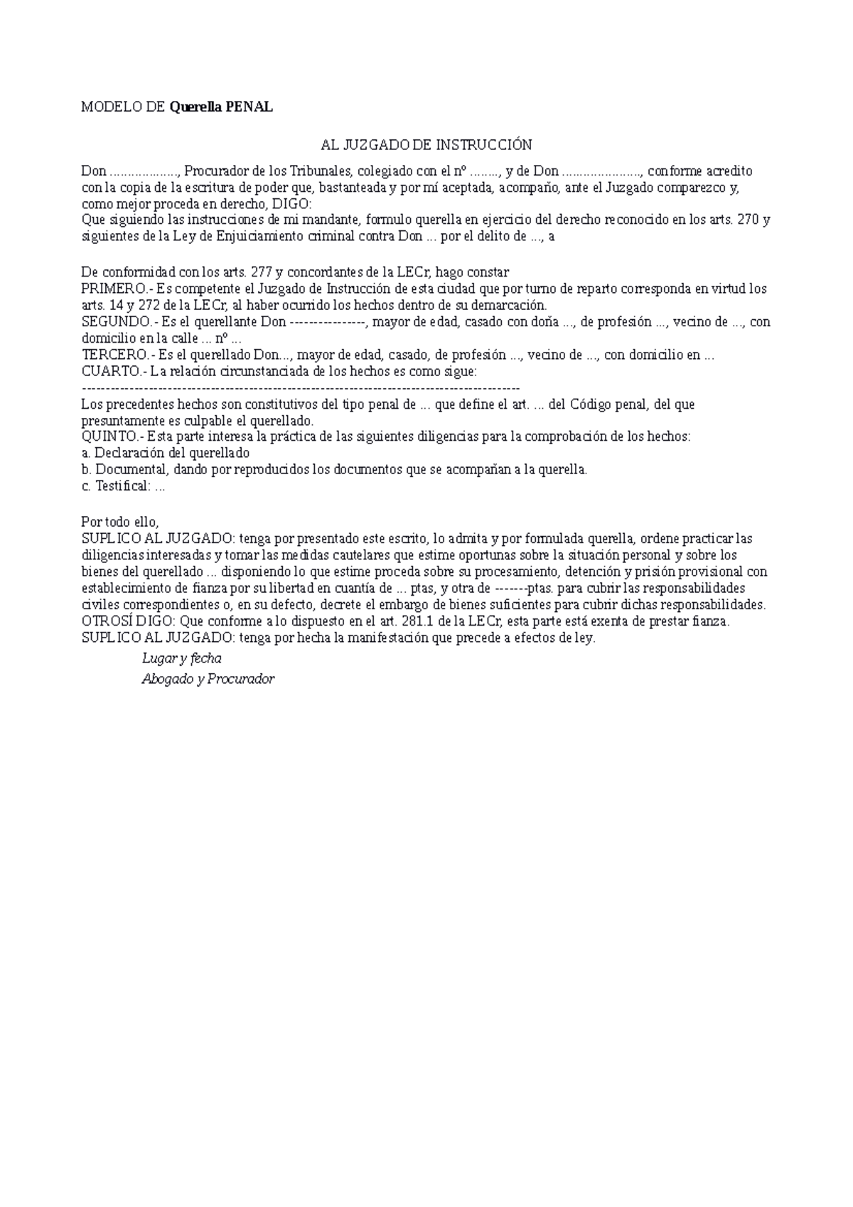 Modelo de querella penal - MODELO DE Querella PENAL AL JUZGADO DE ...