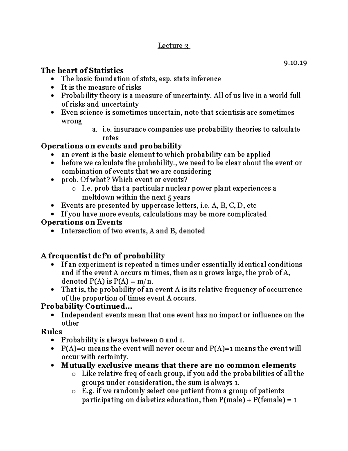Biostats Lecture 3 Notes Lecture 3 The Heart Of Statistics The Basic