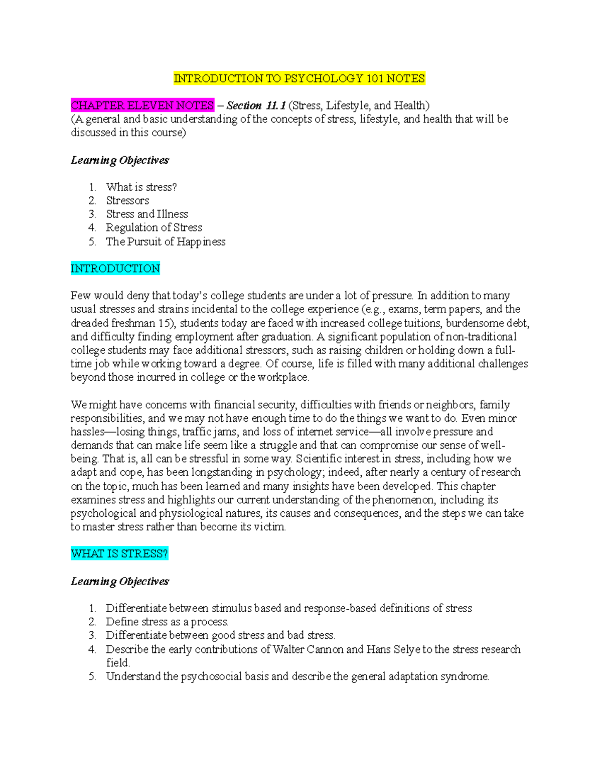 Introduction TO Psychology 101 Notes Chapter 11 Part One - INTRODUCTION ...