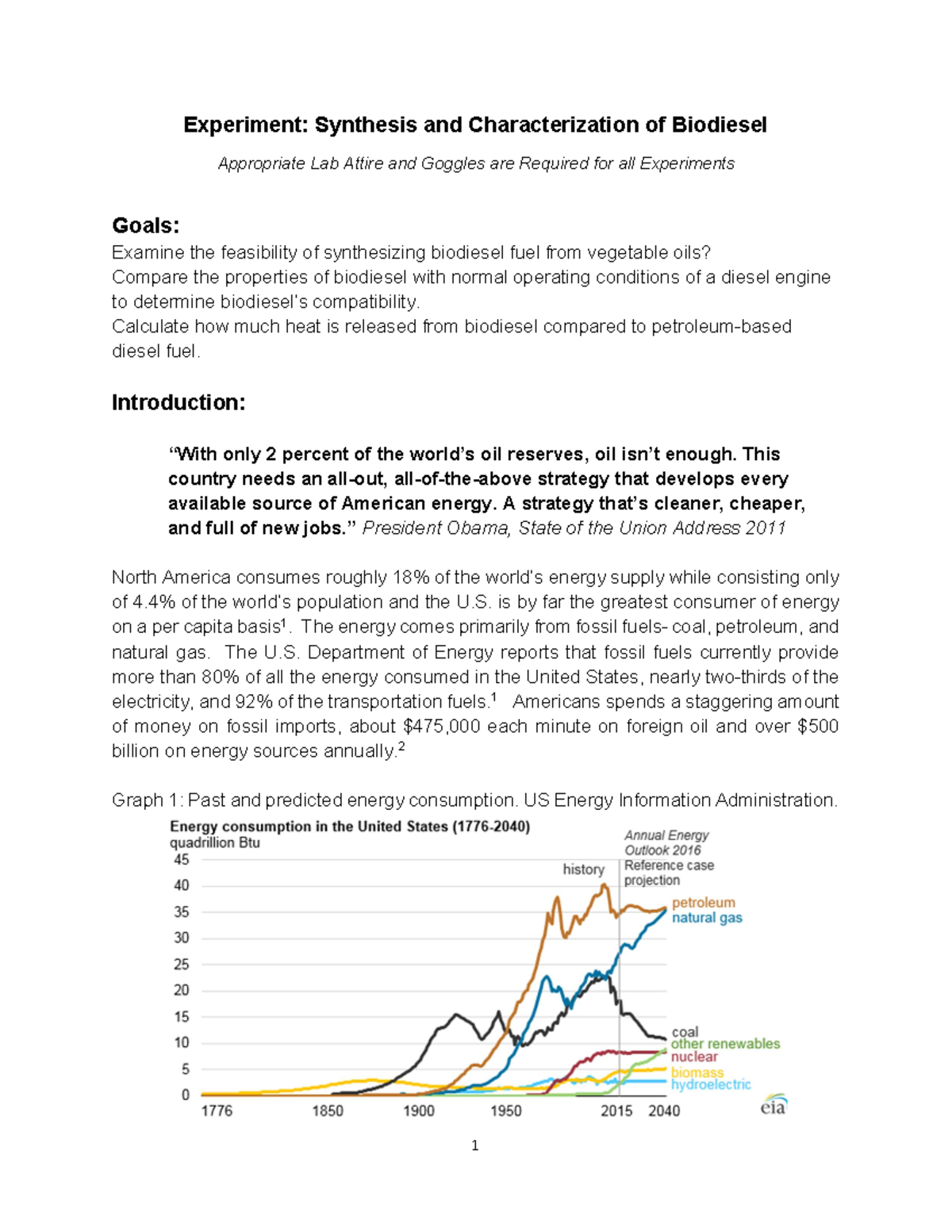 Lab 4 Handout - Sythesis of Biodiesel - Experiment: Synthesis and ...