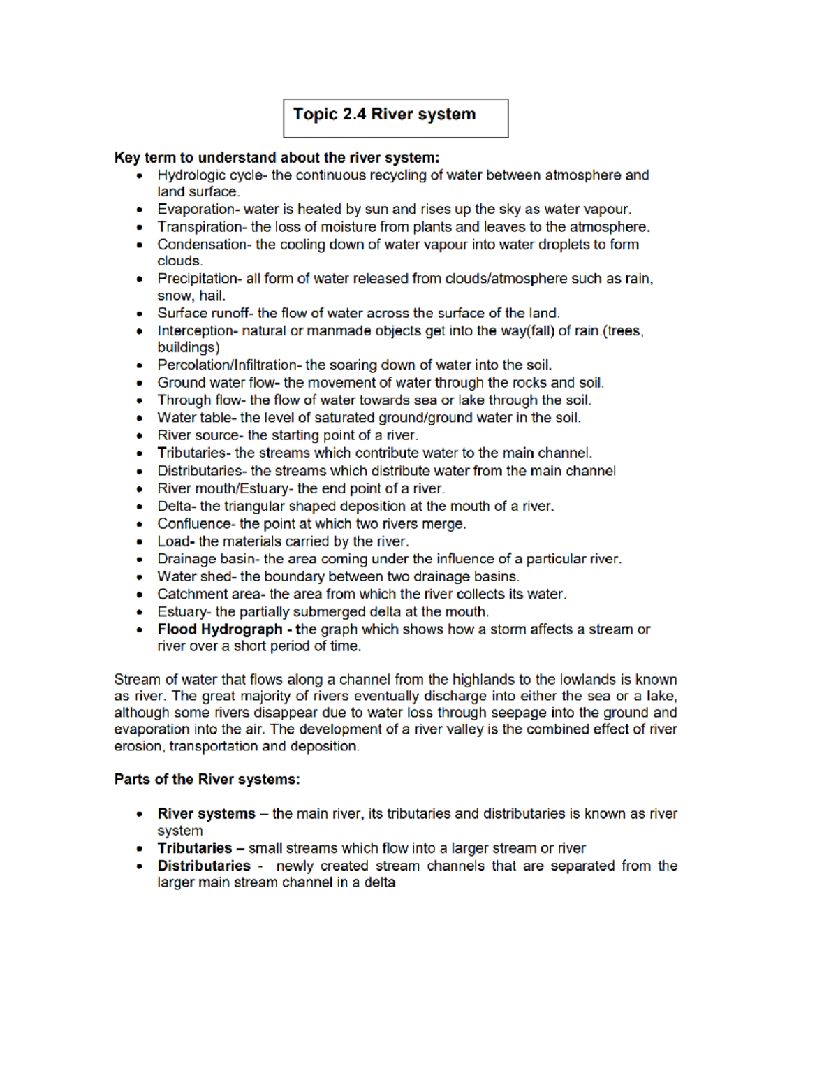 Doc2pdf Geog - Yes good luck - Topic 2 River system Key term to ...