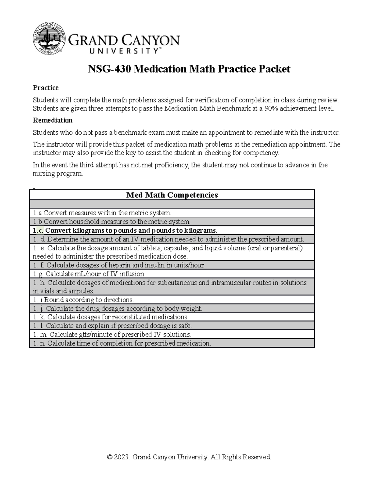 NSG 430 RS Medication Math Practice Packet Student - NSG-430 Medication ...