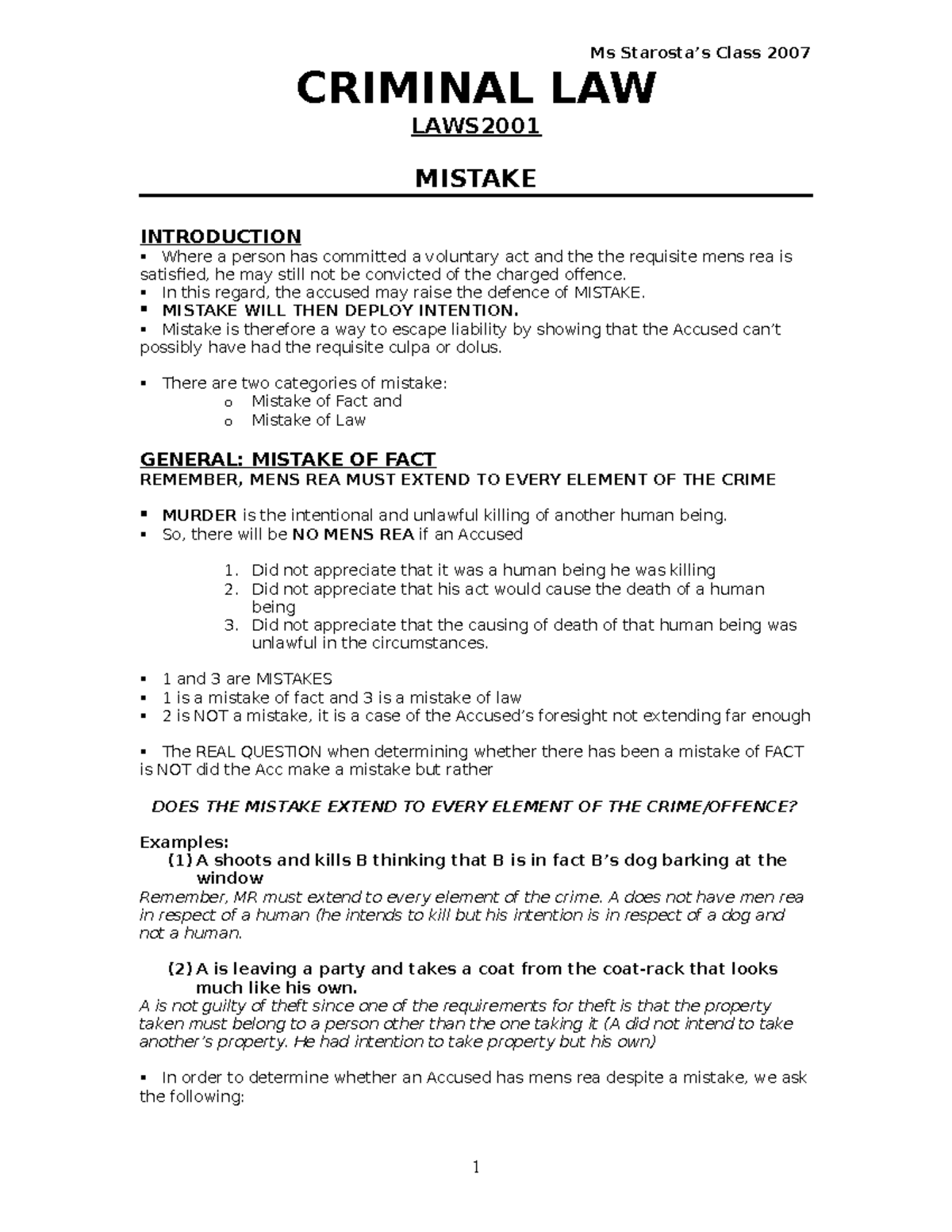 Criminal LAW Mistake Notes 1 - Ms Starosta’s Class 2007 CRIMINAL LAW ...