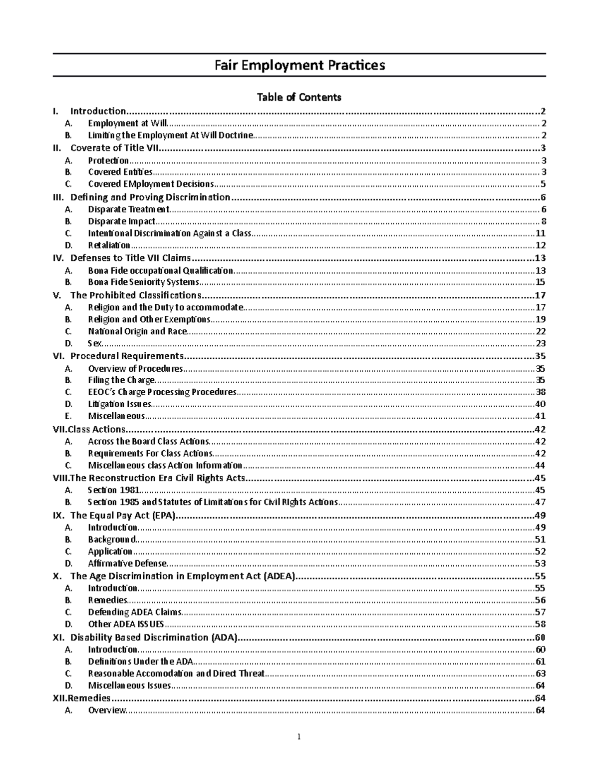 Fair Emp. Outline - Fair Employment Practices Table of Contents I ...