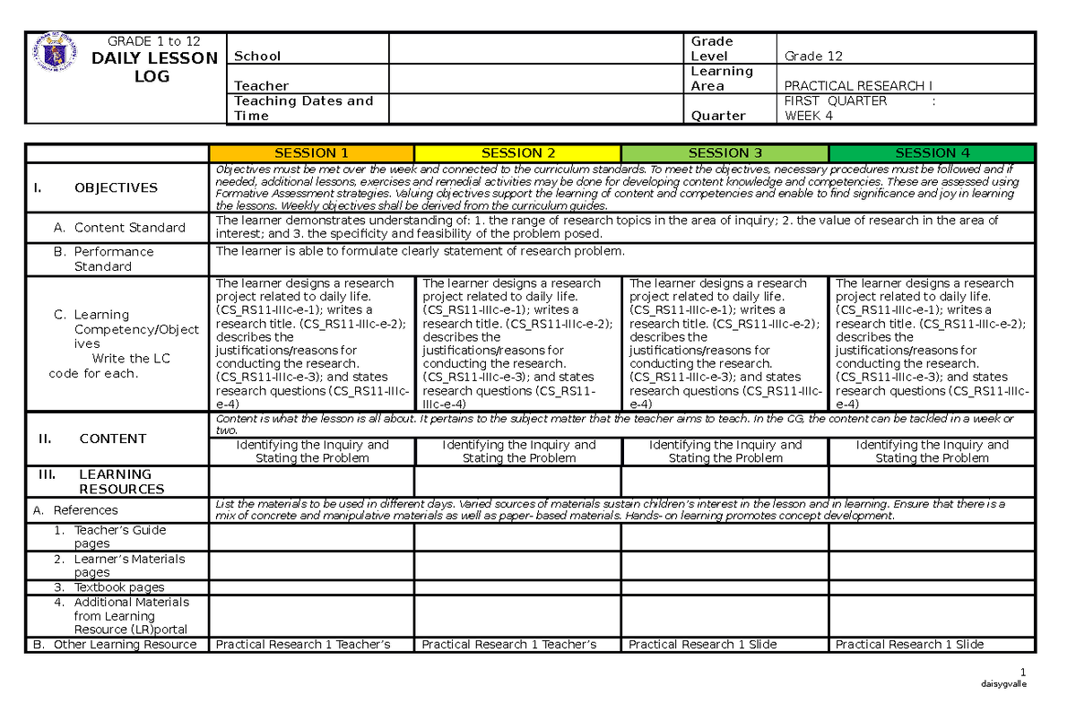 Week 4 - Practical Research DLL - GRADE 1 to 12 DAILY LESSON LOG School ...